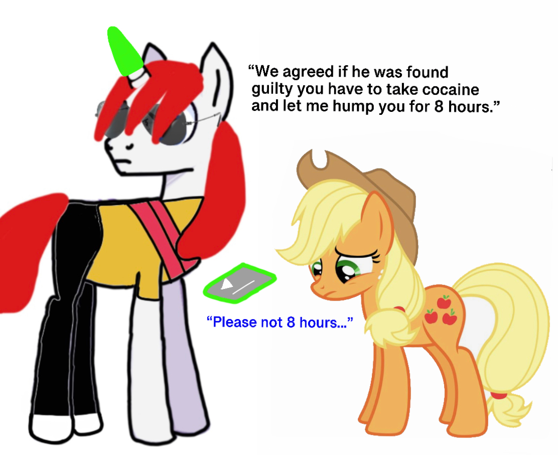 #3576241 - suggestive, artist:kingofmlp, applejack, oc, oc:lmoney ...