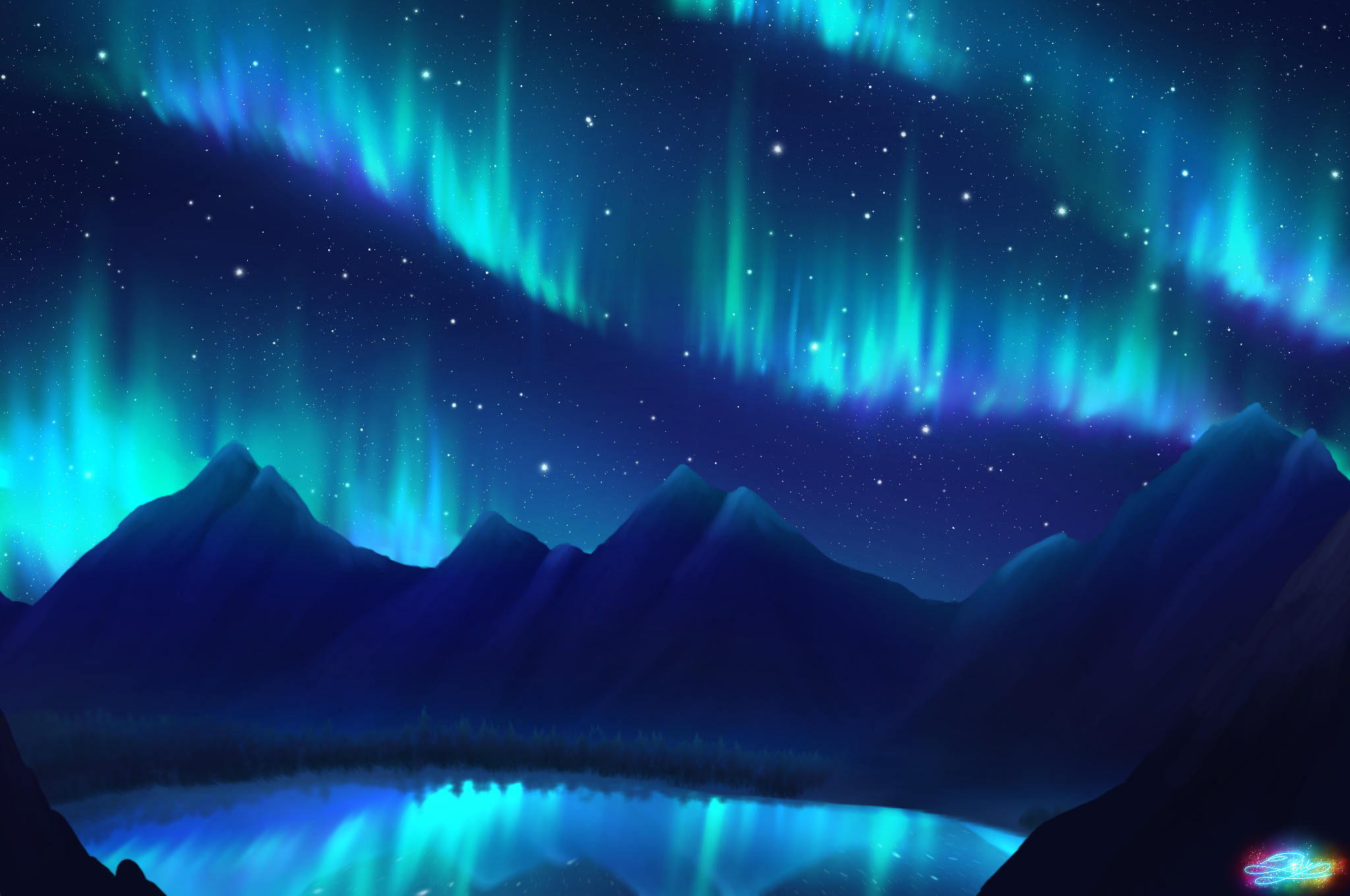 #3560680 - safe, artist:linkle, aurora borealis, background, forest ...