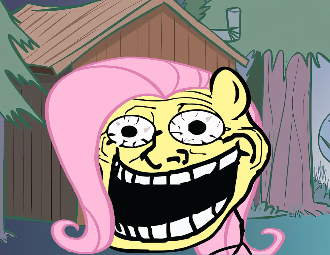 #3562411 - safe, fluttershy, .mov, shed.mov, g4, meme, shed, trollface ...