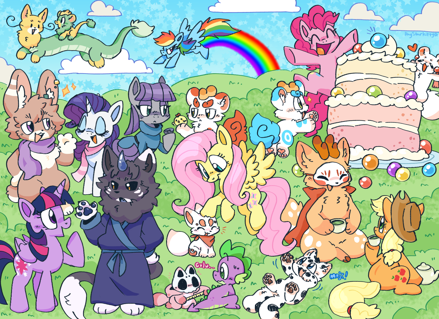 #3584854 - safe, artist:raystarkitty, applejack, fluttershy, maud pie ...