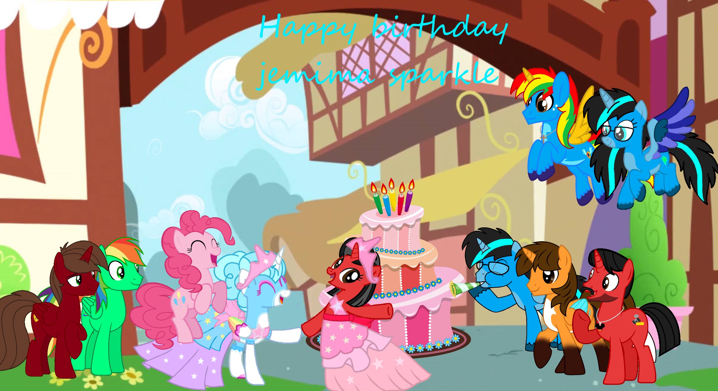 #3586302 - safe, artist:rudeboyz12, pinkie pie, oc, oc:ej, oc:jemima ...