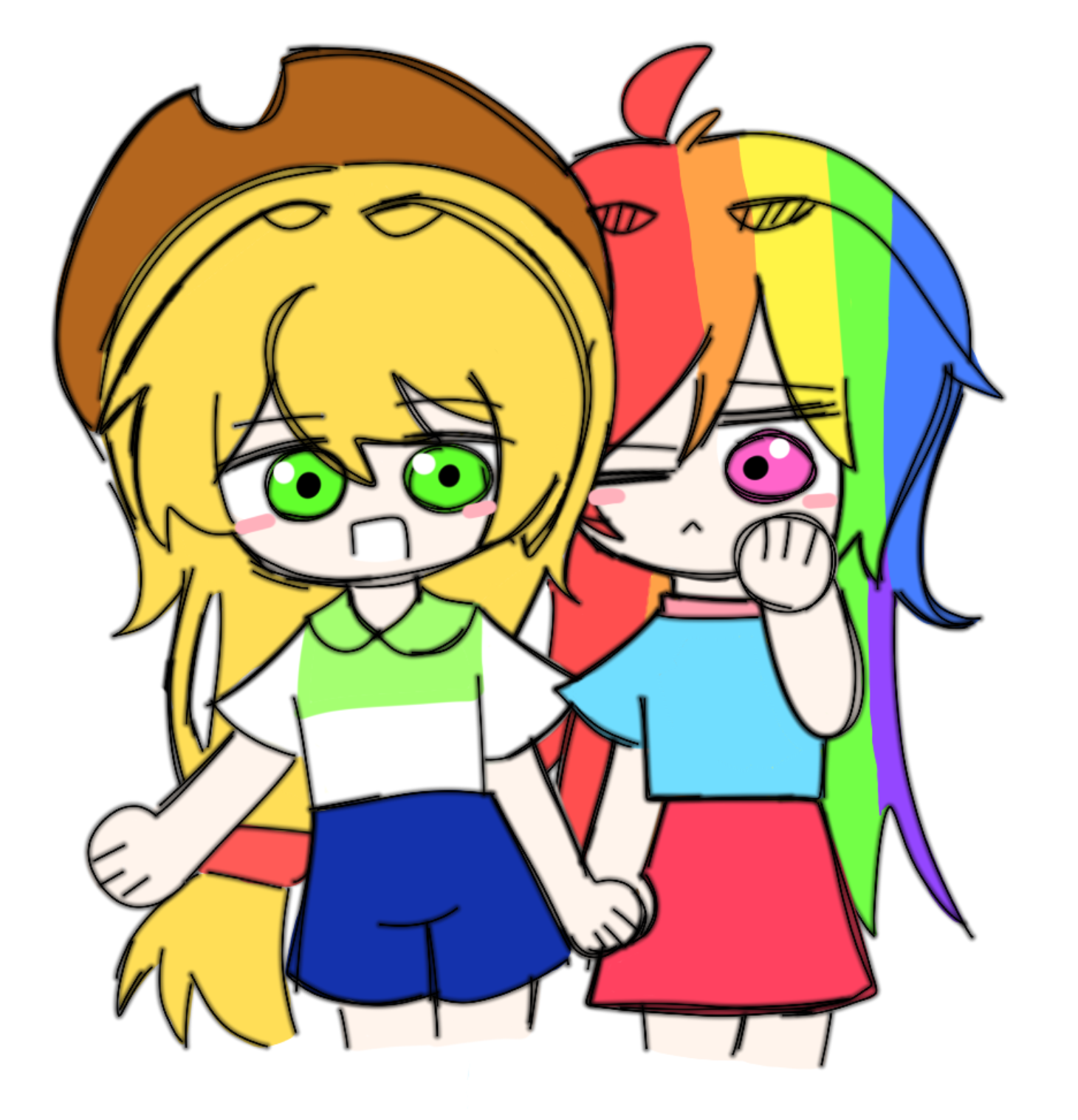 #3586844 - safe, artist:%六神花露水./, applejack, rainbow dash, human, g4,