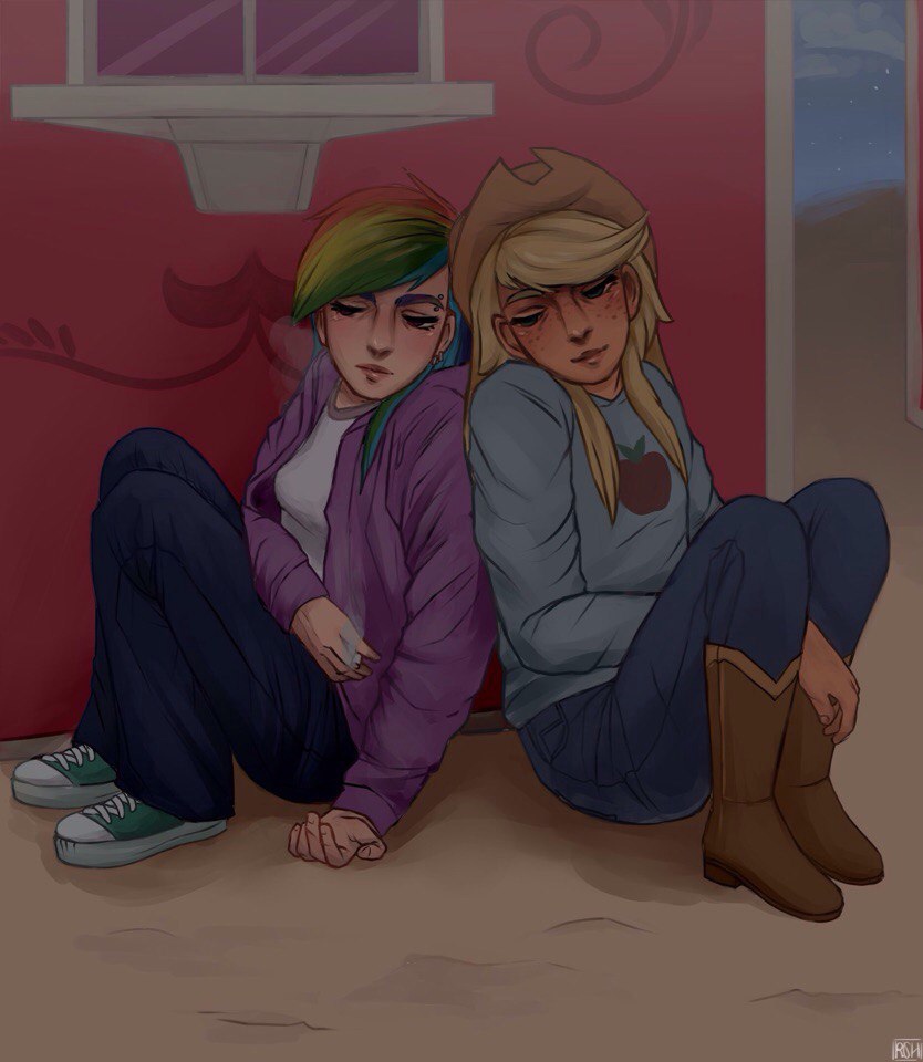 #3587755 - safe, artist:hirichie, applejack, rainbow dash, human, g4 ...