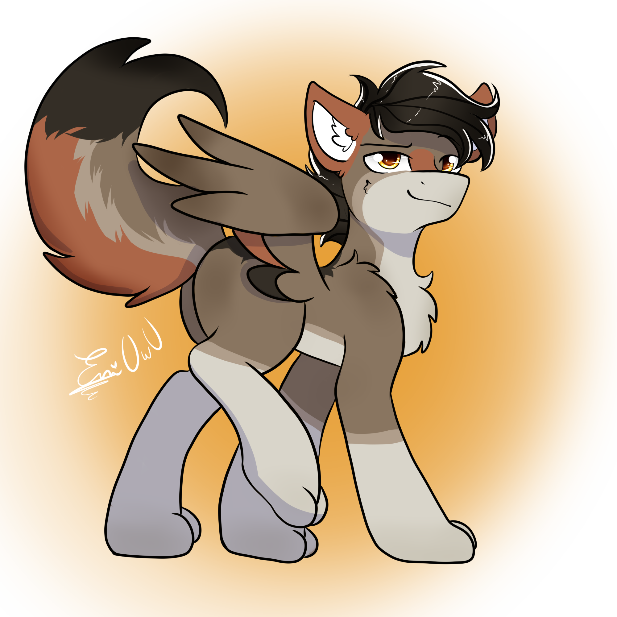 #3592144 - safe, artist:eniartuwu, oc, pegasus, pony, wolf, wolf pony, black hair, brown mane ...