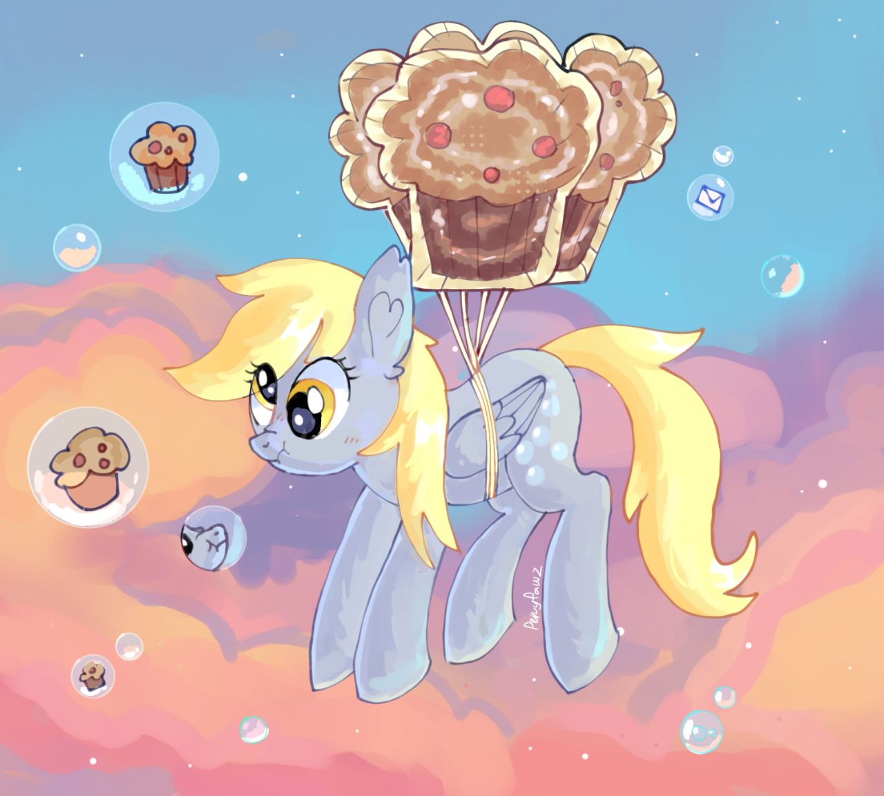 #3594738 - safe, artist:percypawz, derpy hooves, pegasus, pony, g4, 3:, art, balloon, blush ...