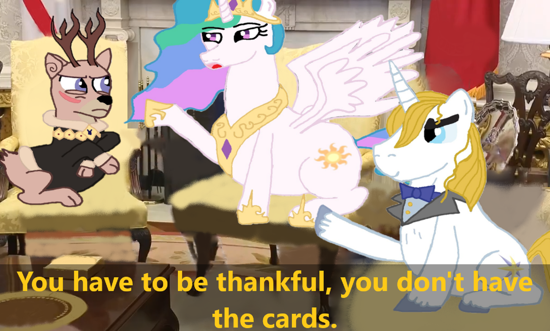 #3595687 - safe, artist:fearlescriss, prince blueblood, princess celestia, oc, alicorn, deer ...