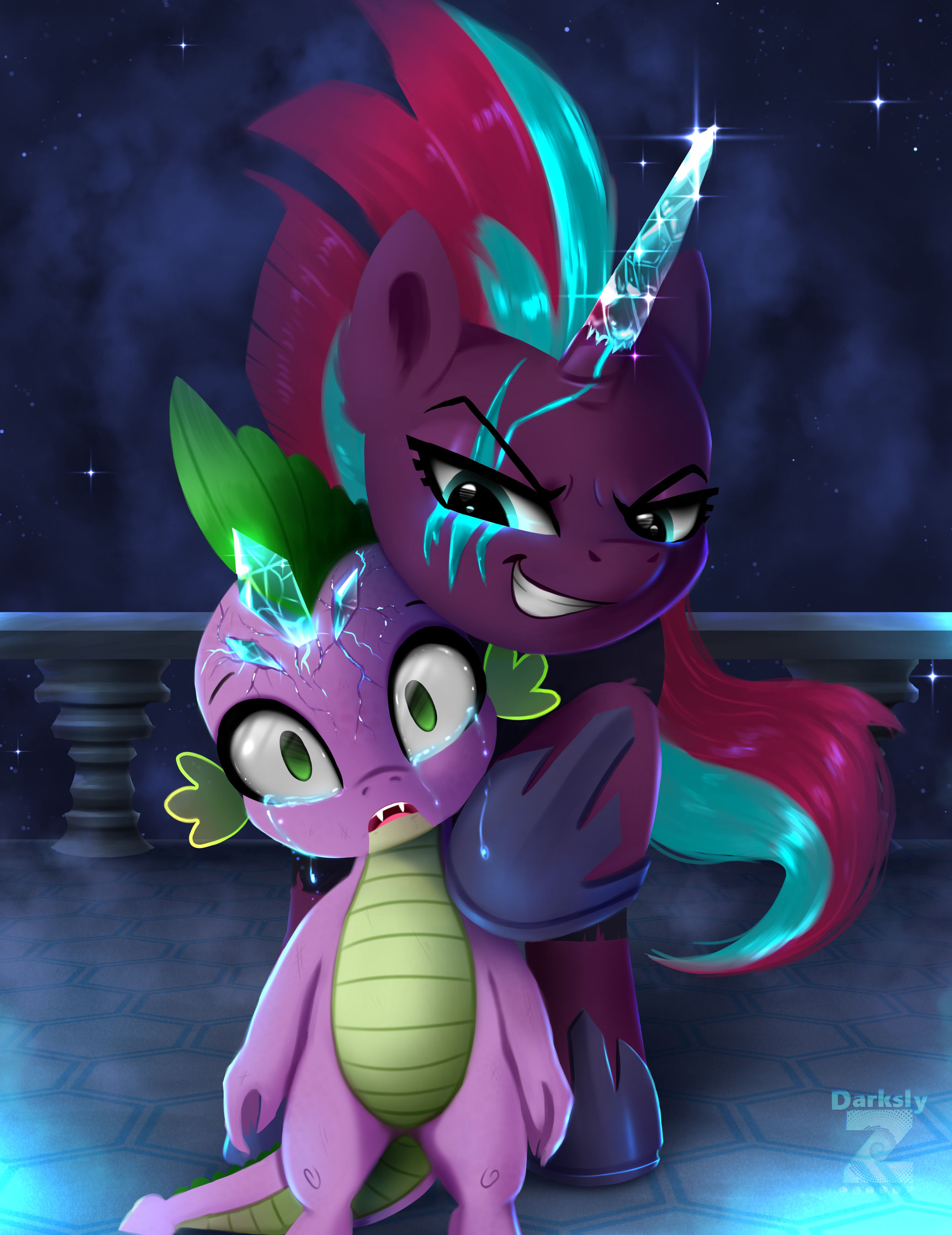 #3580060 - semi-grimdark, artist:darksly, spike, tempest shadow, dragon ...