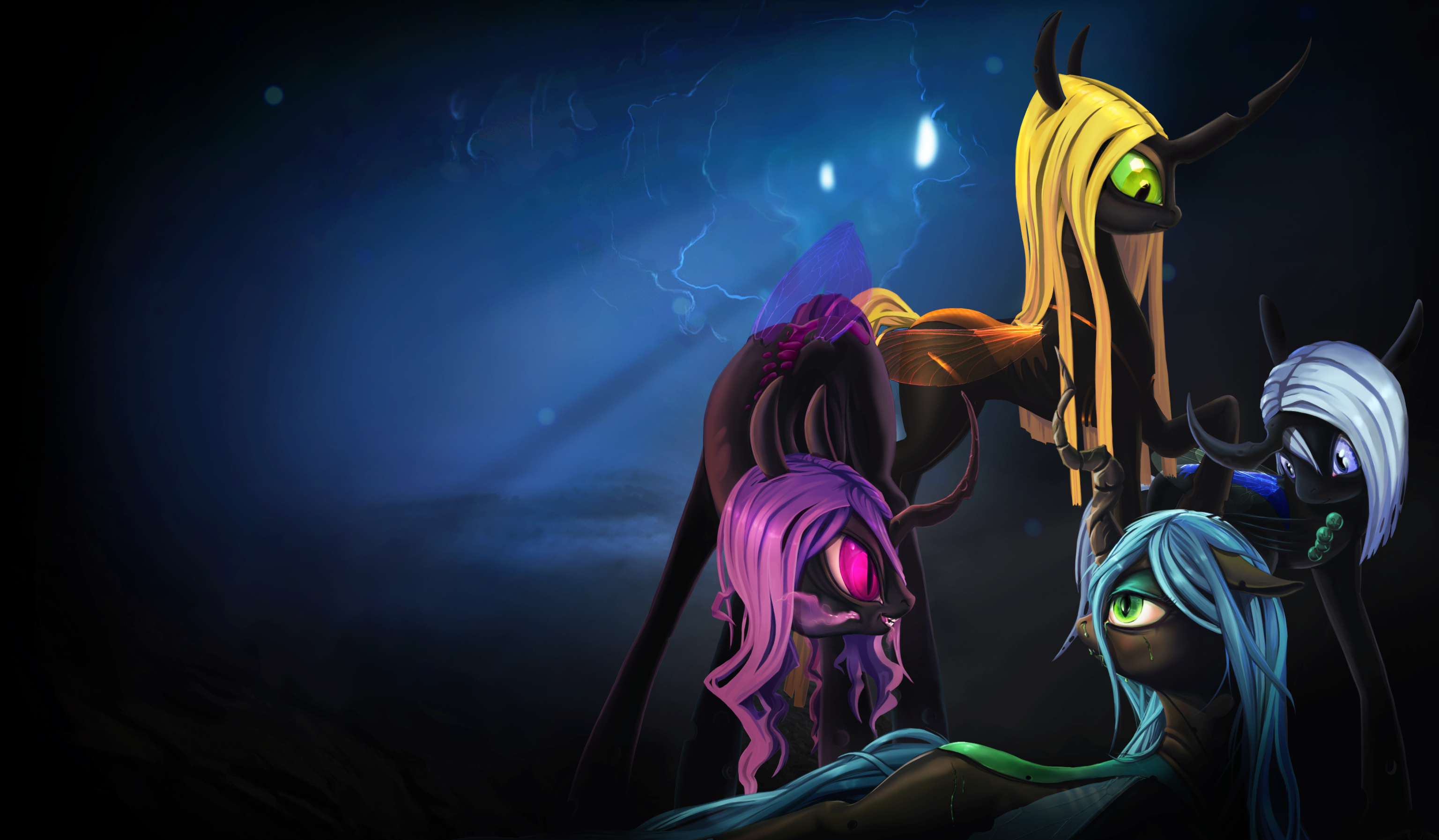 #3582699 - safe, artist:i-am-knot, queen chrysalis, oc, oc:ambrosia, oc:miasma, oc:myxine ...