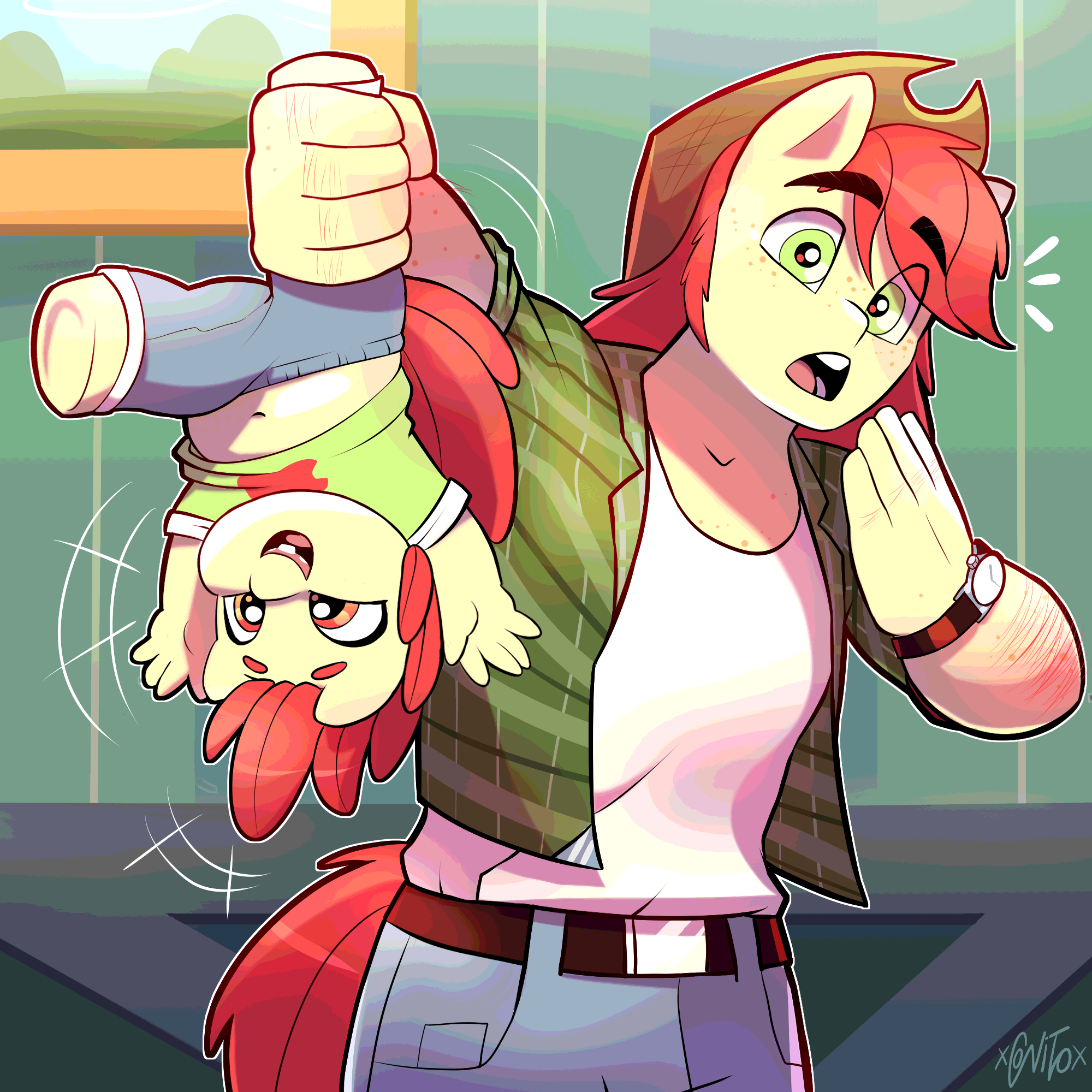 #3597110 - safe, artist:xconito, apple bloom, bright mac, earth pony, anthro, unguligrade anthro ...