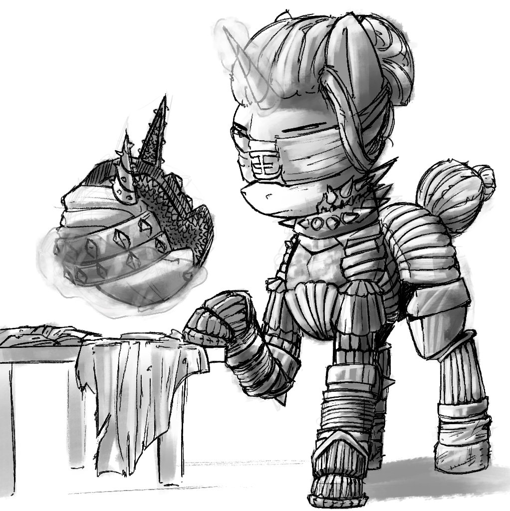 #3597172 - semi-grimdark, artist:uteuk, unicorn, armor, blindfold ...