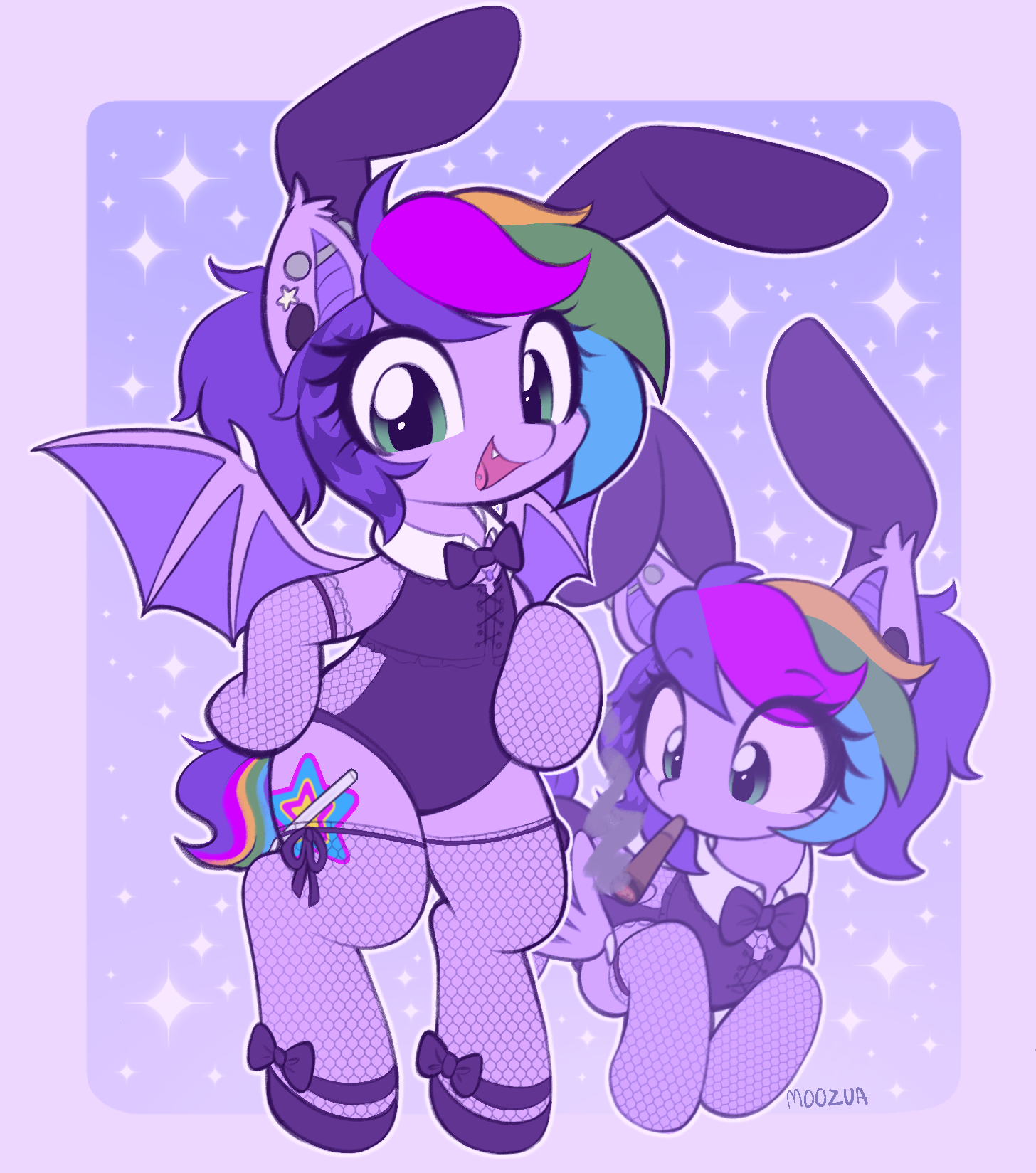 #3597303 - safe, artist:moozua, oc, oc only, oc:lullaby, bat pony, bipedal, bowtie, bunny ears ...