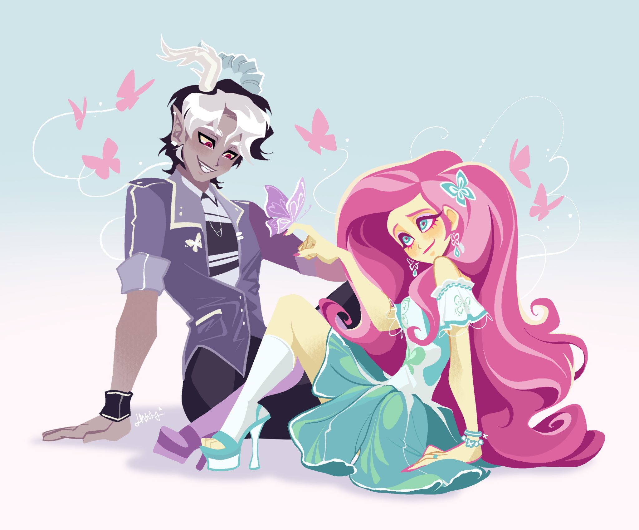 #3603031 - safe, artist:libbly_libby, discord, fluttershy, butterfly, human, g4, 2d, breasts ...