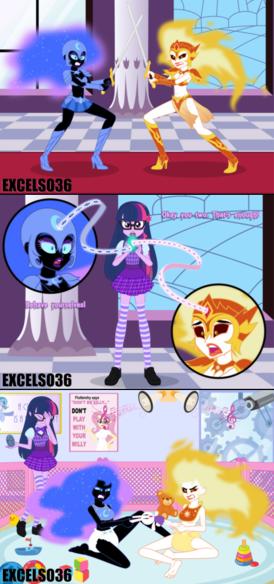 #3604187 - suggestive, artist:excelso36, daybreaker, fluttershy, nightmare moon, sci-twi ...