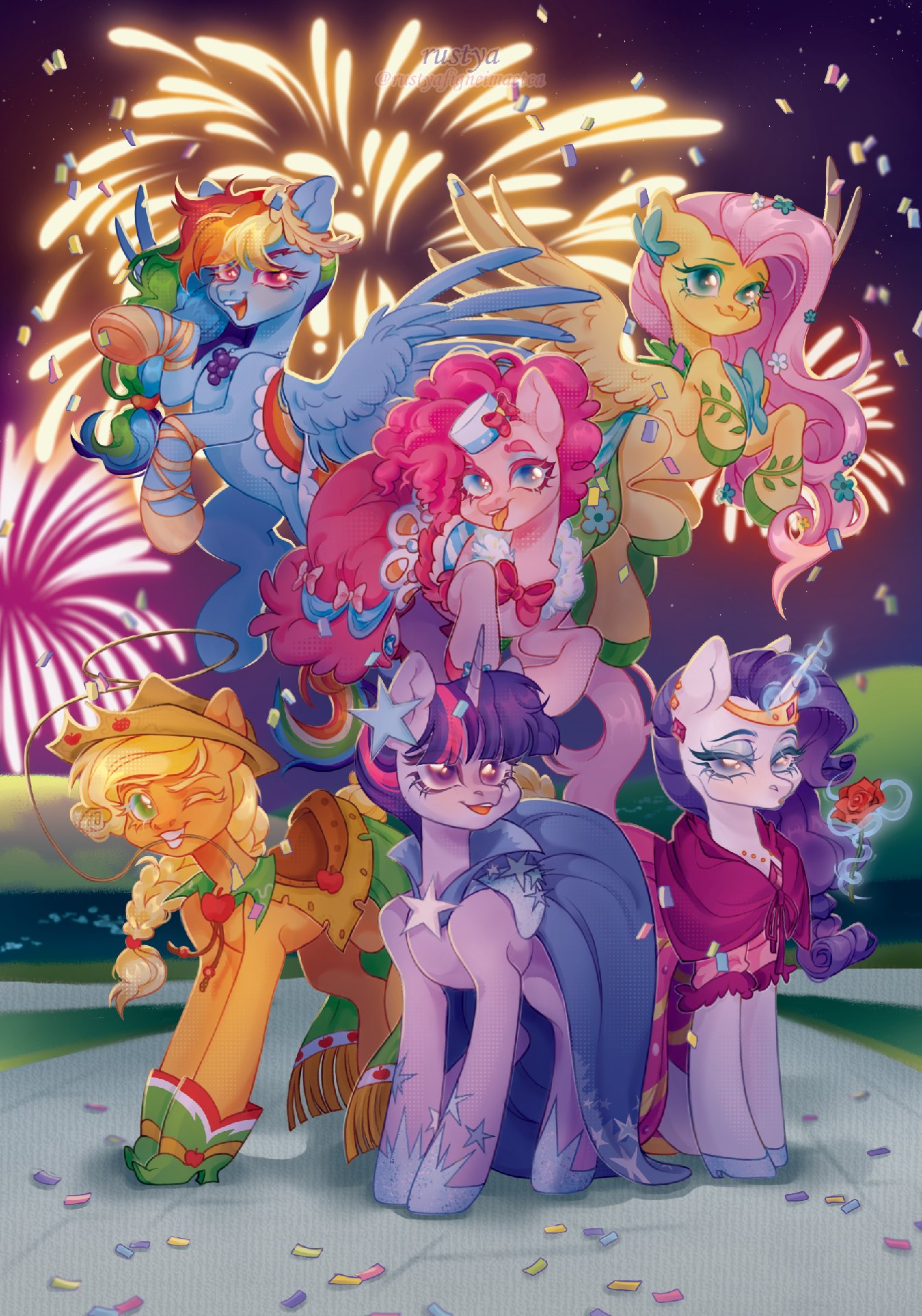 #3608544 - safe, artist:rustya, applejack, fluttershy, pinkie pie ...