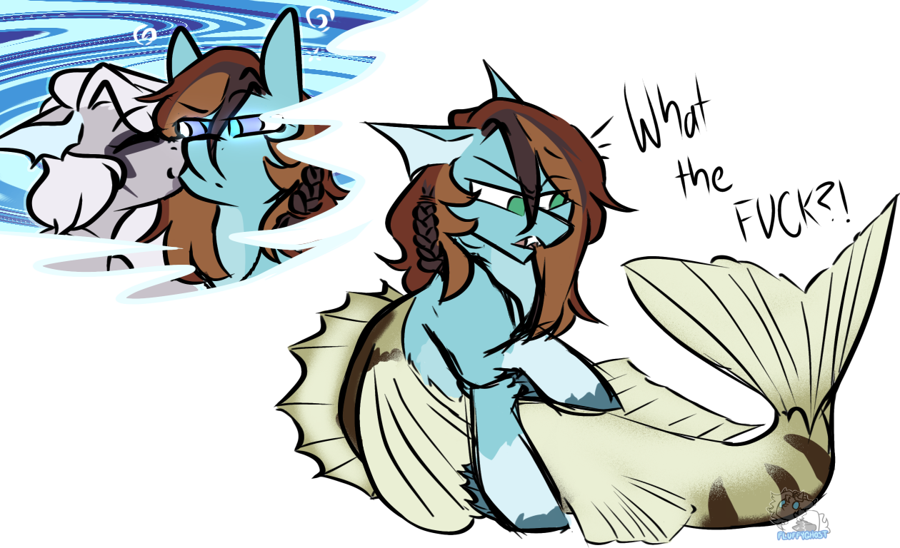 #3615305 - suggestive, artist:fluffyghost, oc, oc:lula, oc:sorren, fish, mermay, transformation ...