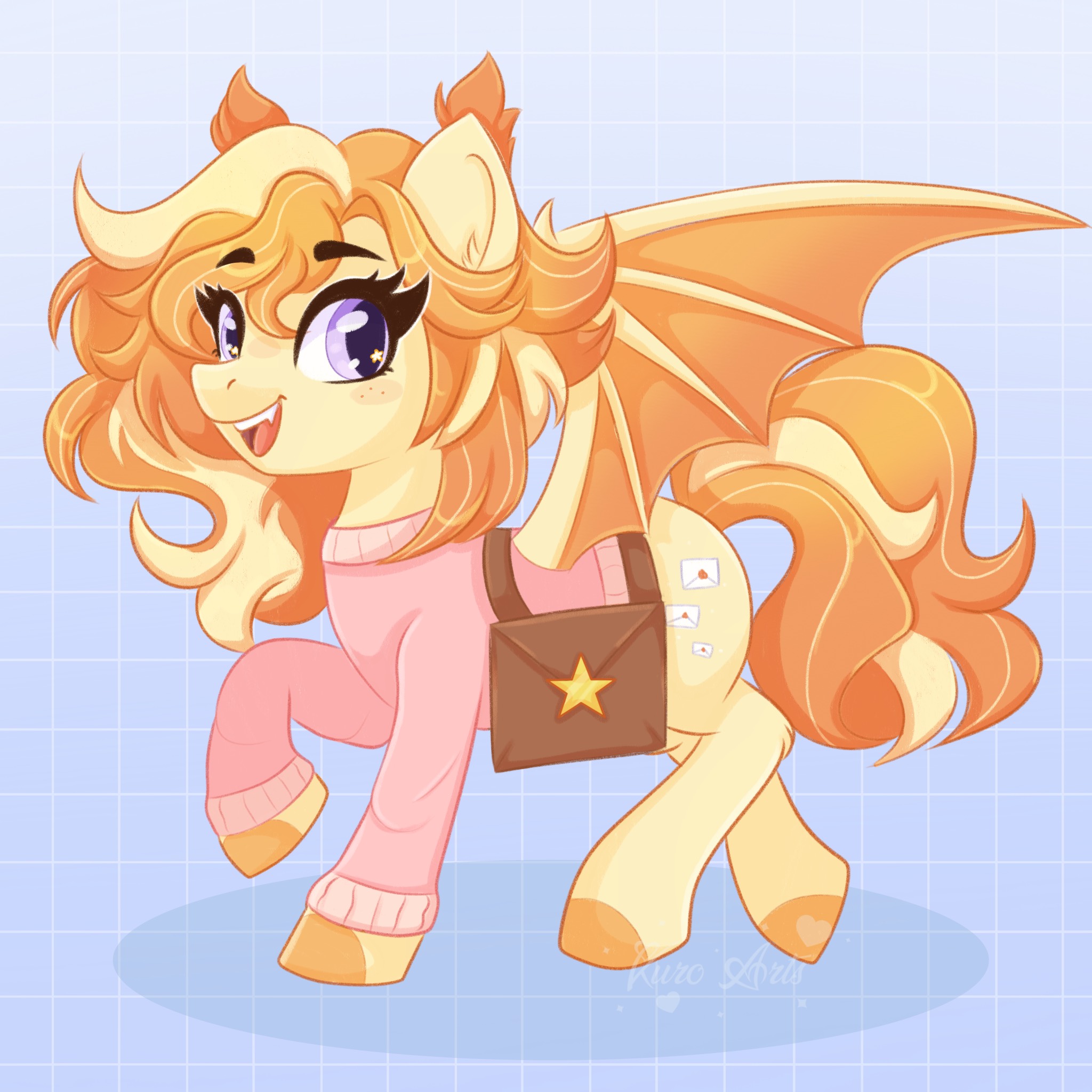 #3602597 - safe, artist:kuro, oc, oc only, oc:postie, bat pony, pony, bag, clothes, female ...