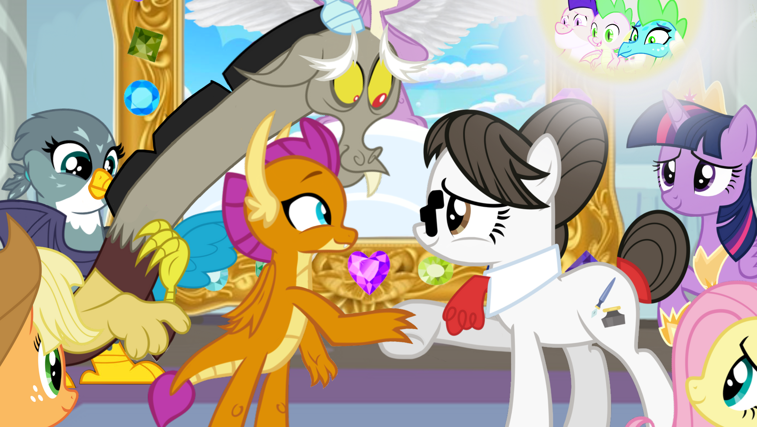 #3623463 - safe, artist:nasoupoliticien, applejack, discord, fluttershy ...