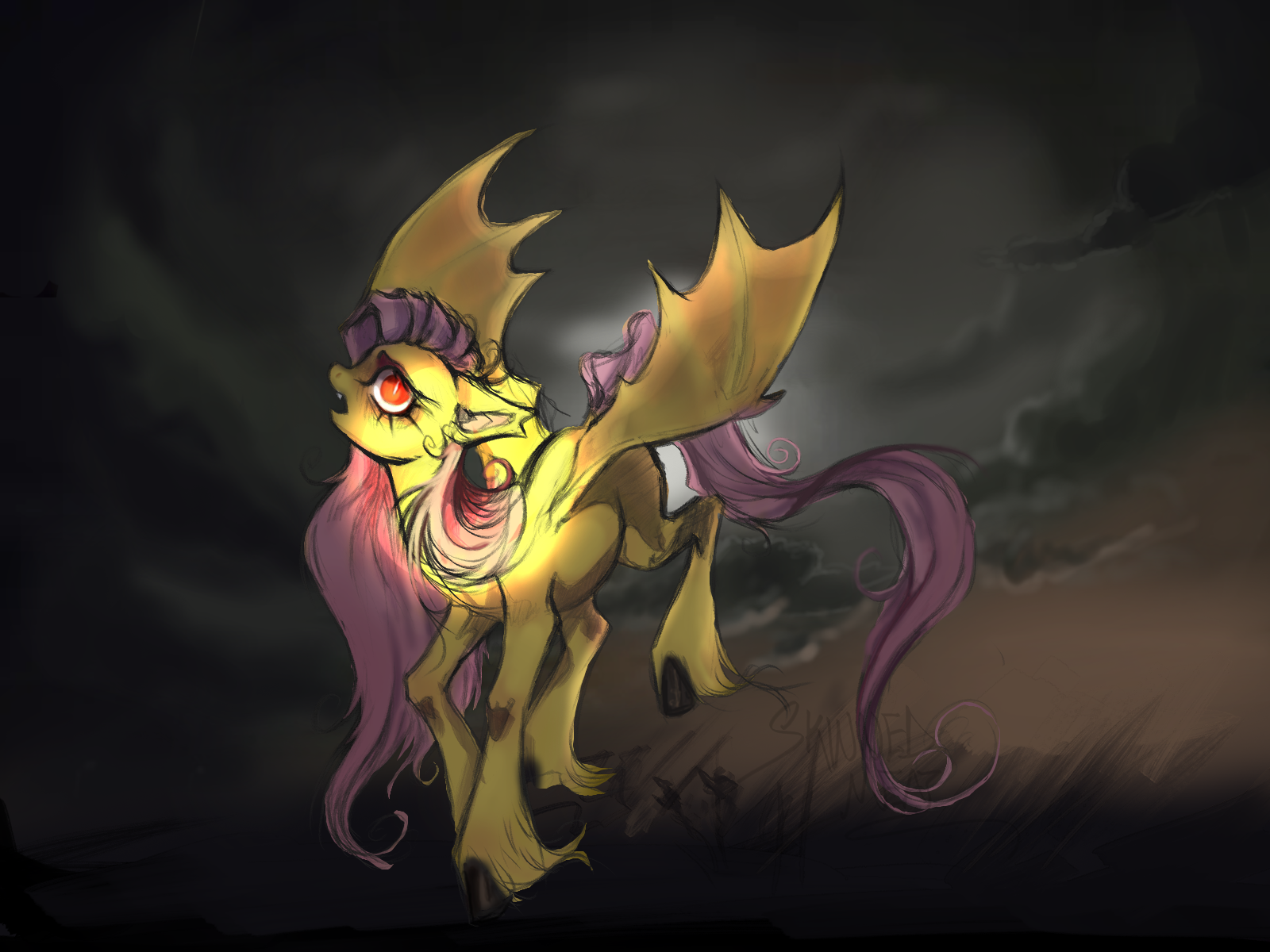 #3616673 - safe, artist:skinnedmeat, fluttershy, bat pony, pony, g4, bat ponified, female ...