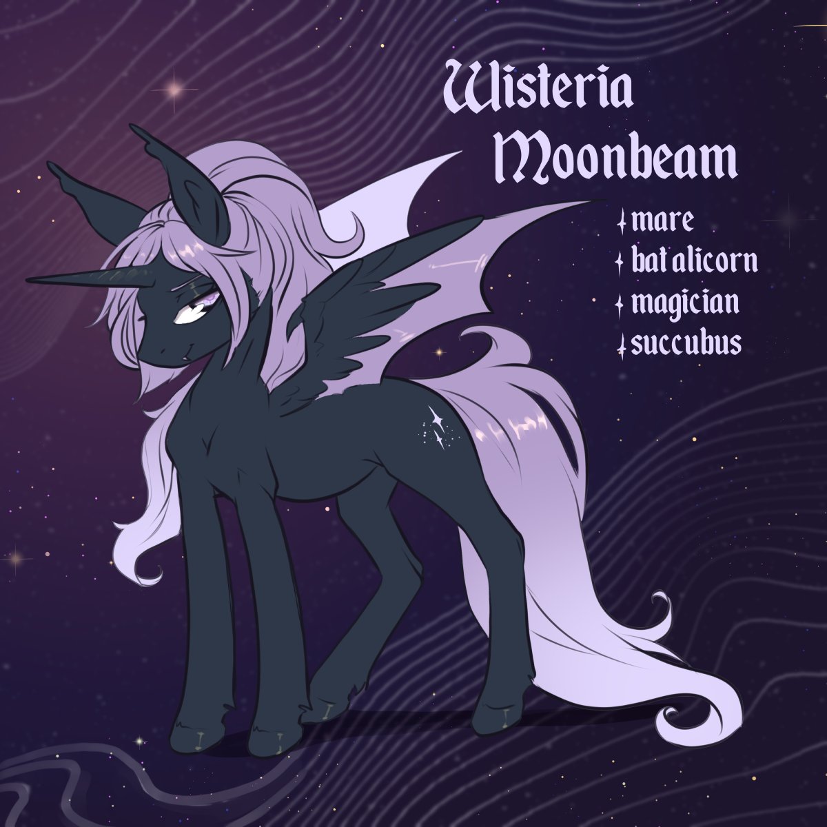 #3617953 - safe, artist:lunarlacepony, oc, oc only, oc:wisteria moonbeam, alicorn, bat pony, bat ...