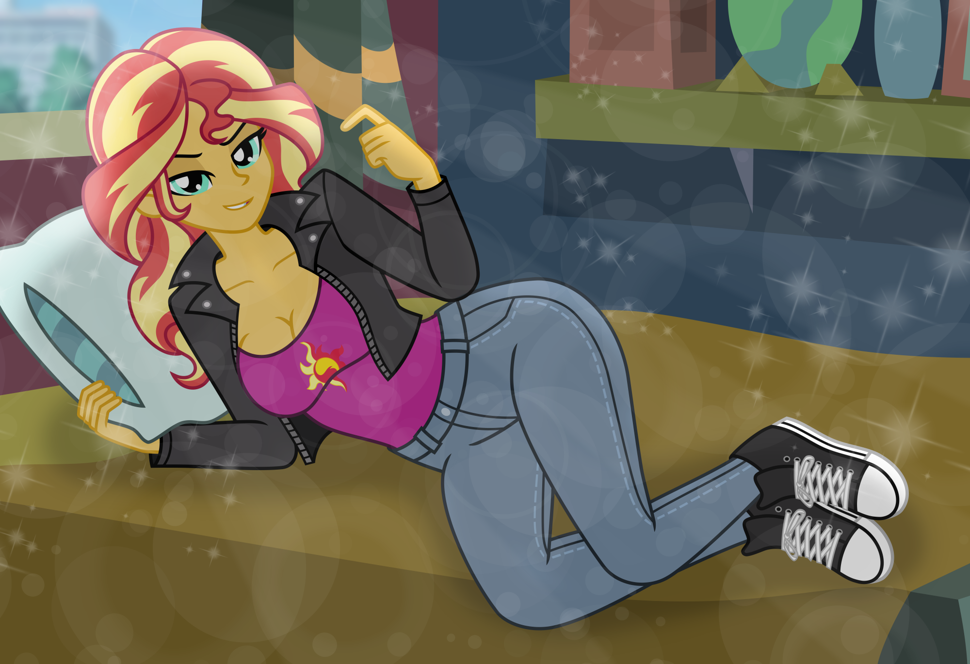 #3618856 - safe, artist:emeraldblast63, sunset shimmer, human, equestria girls, g4, bed, bedroom ...