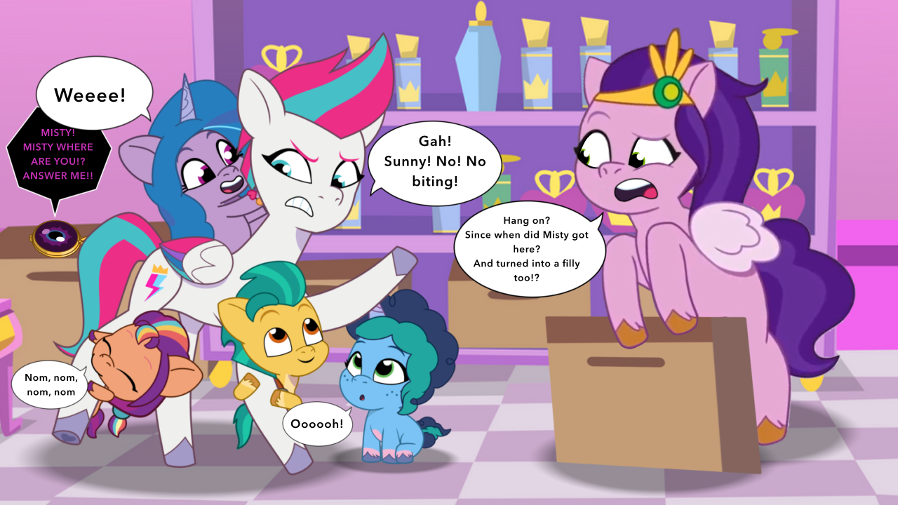 #3618863 - safe, artist:bluemario11, hitch trailblazer, izzy moonbow, misty brightdawn, pipp ...