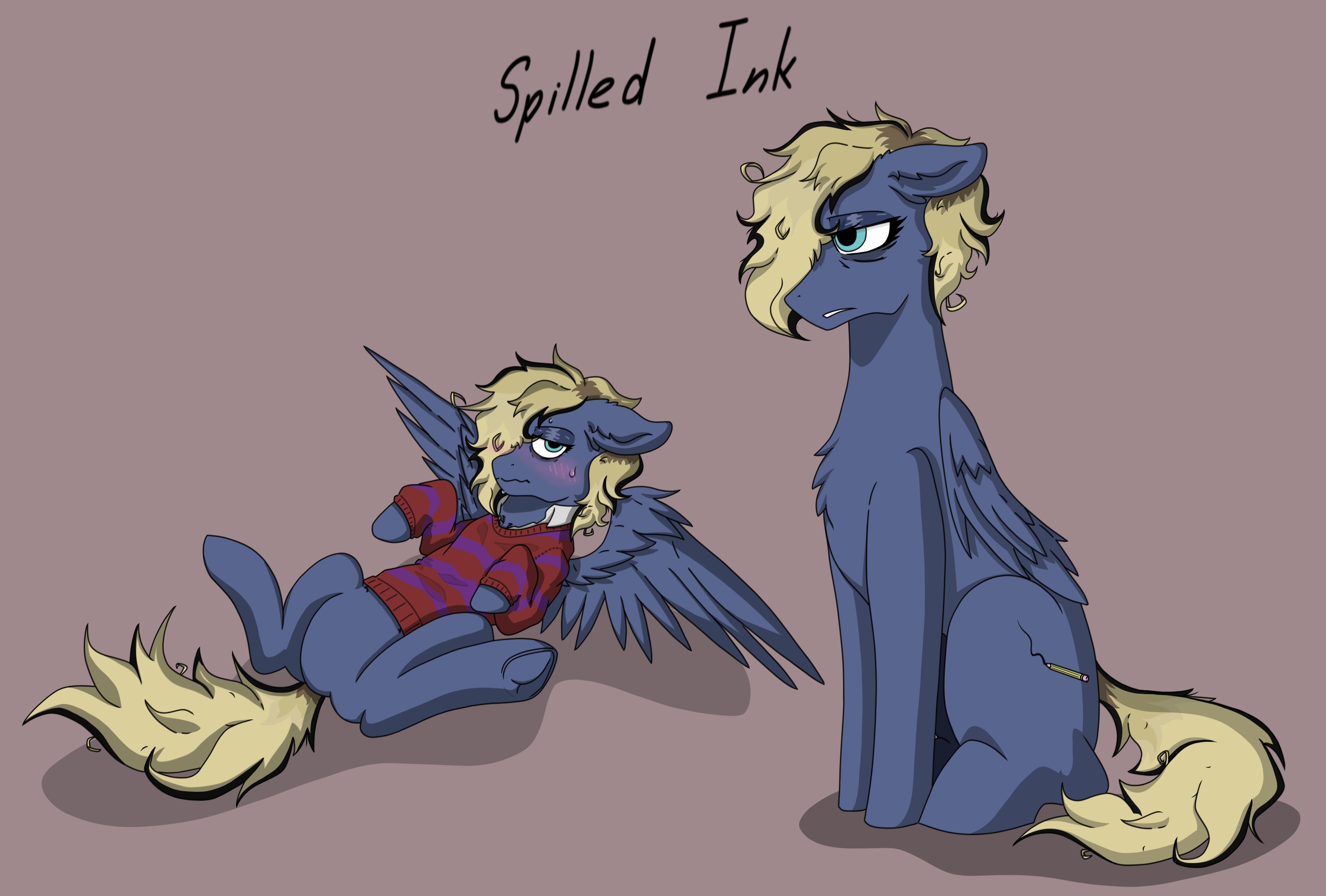 #3619217 - safe, artist:nismorose, oc, oc:spilled ink, pegasus, bags under eyes, blushing, chest ...