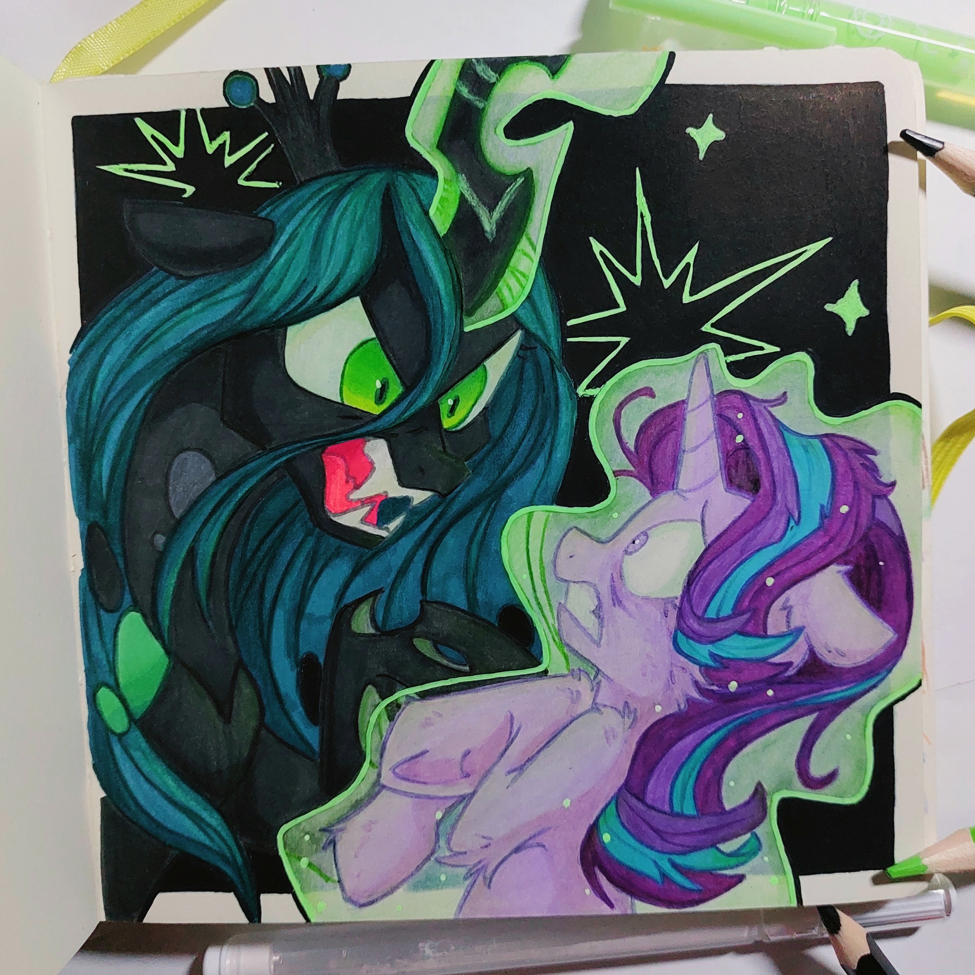 #3676435 - safe, artist:thunderball, queen chrysalis, starlight glimmer, changeling, changeling ...