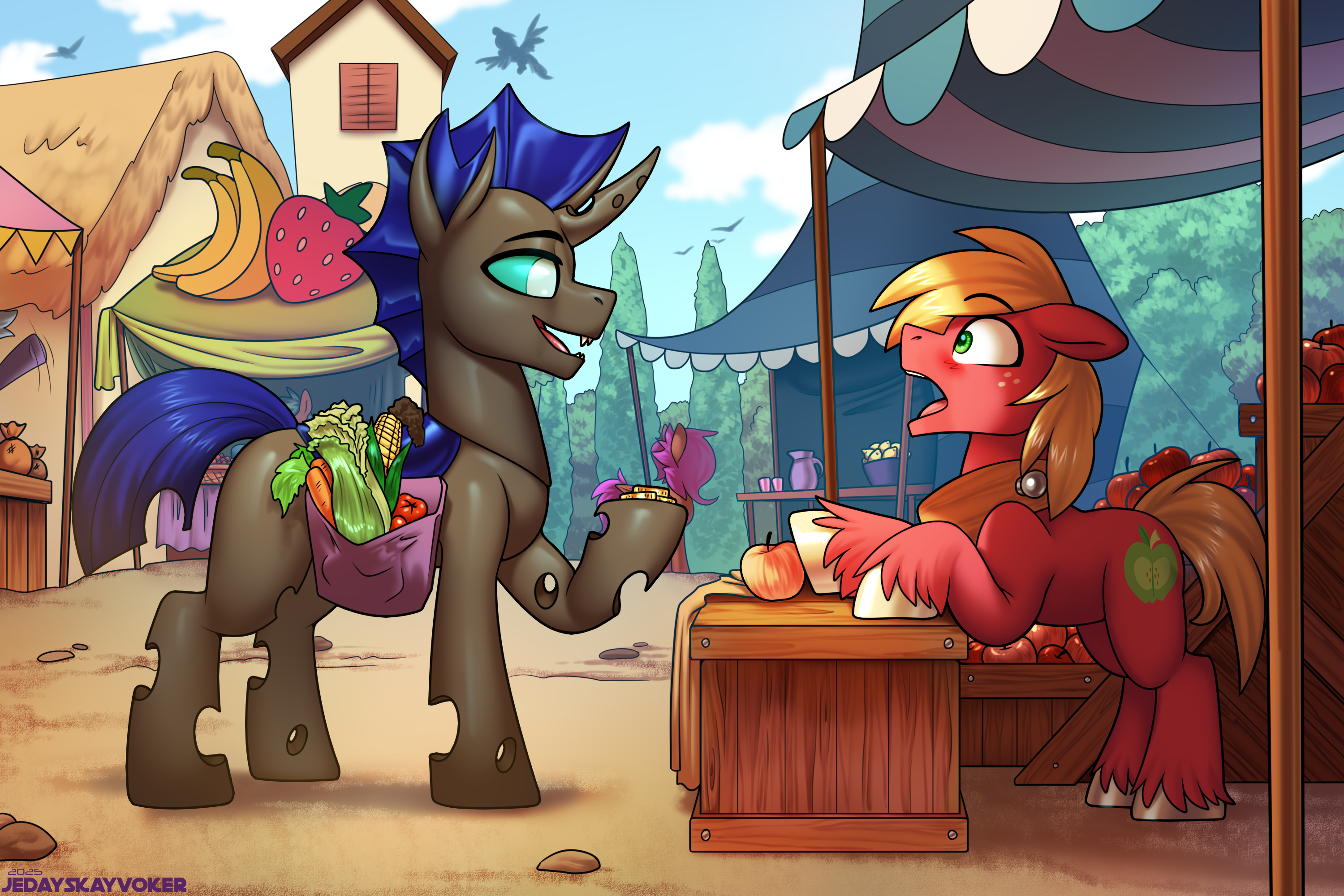 #3681191 - safe, artist:jedayskayvoker, big macintosh, oc, oc:vex the changeling, changeling ...