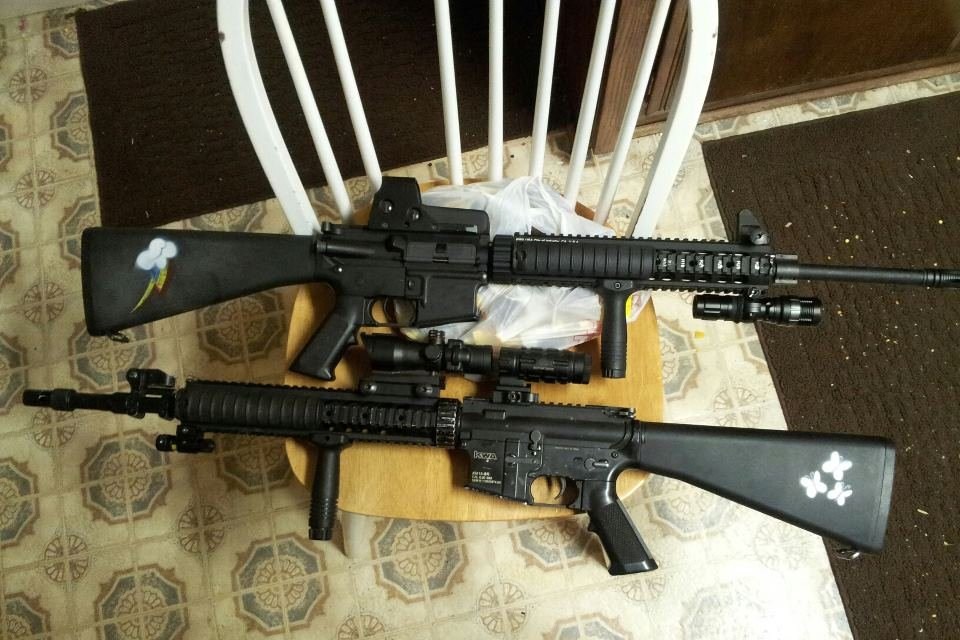 #147027 - safe, fluttershy, rainbow dash, airsoft, ar15, assault rifle ...