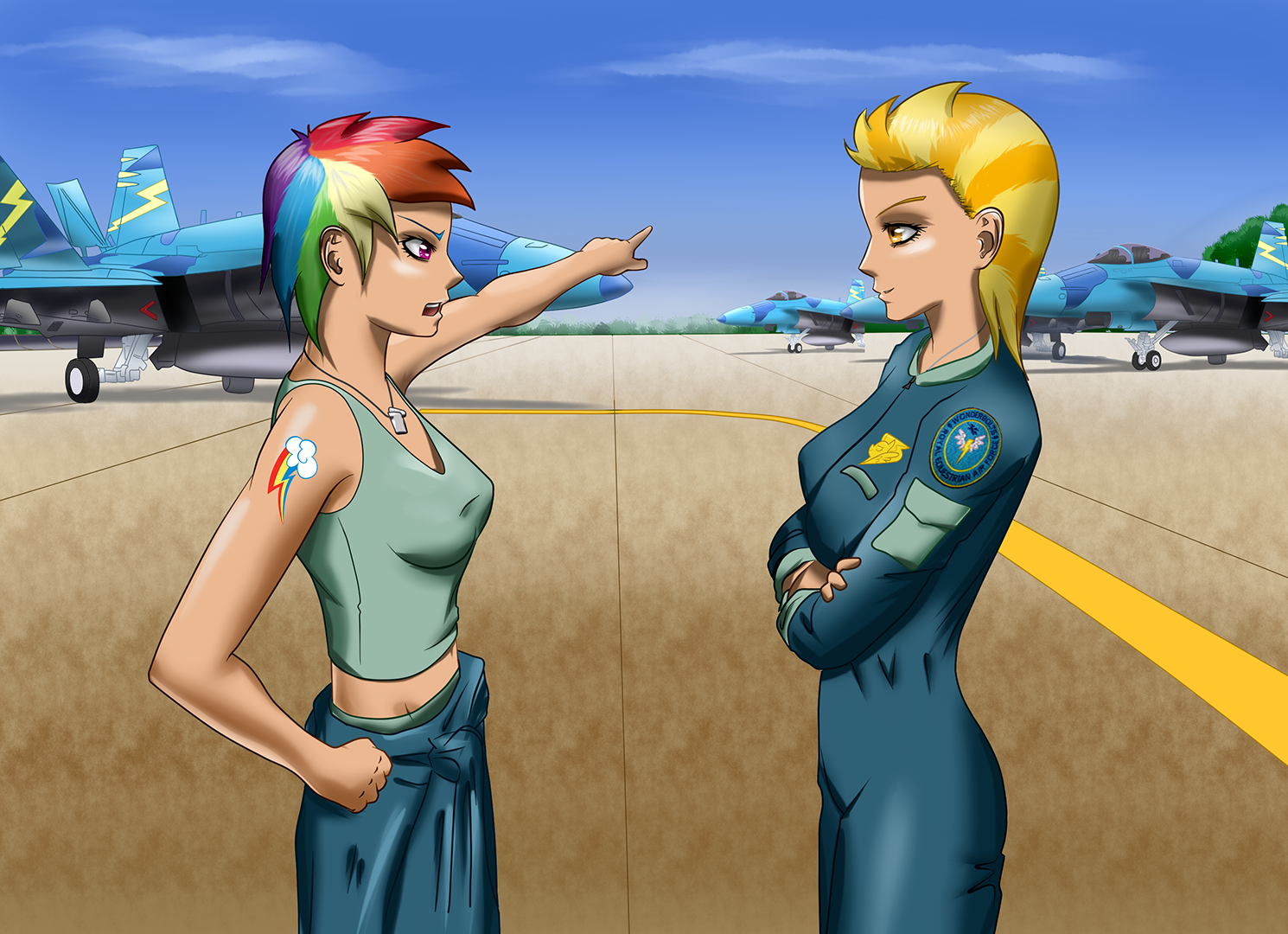 #227345 - safe, artist:nitehu, lightning dust, rainbow dash, human ...