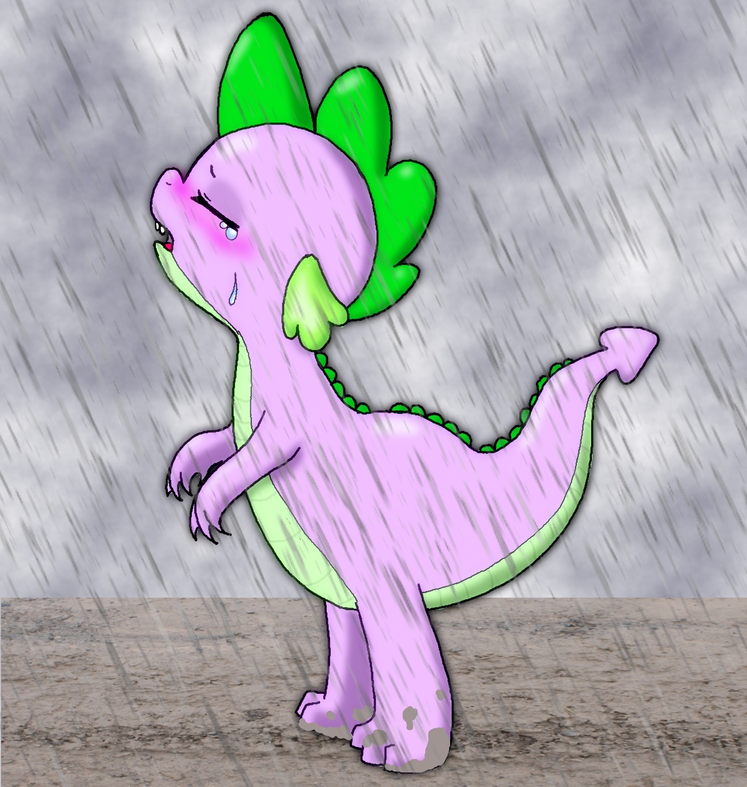 #453901 - safe, artist:ponderingchibi, spike, crying, male, rain, solo ...