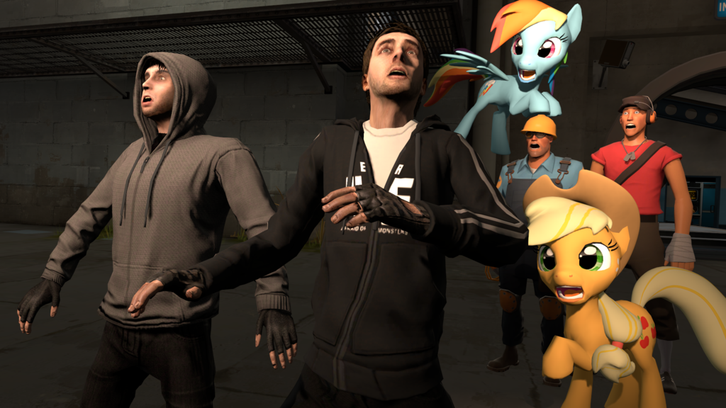 #498261 - safe, applejack, rainbow dash, human, 3d, afraid of monsters ...