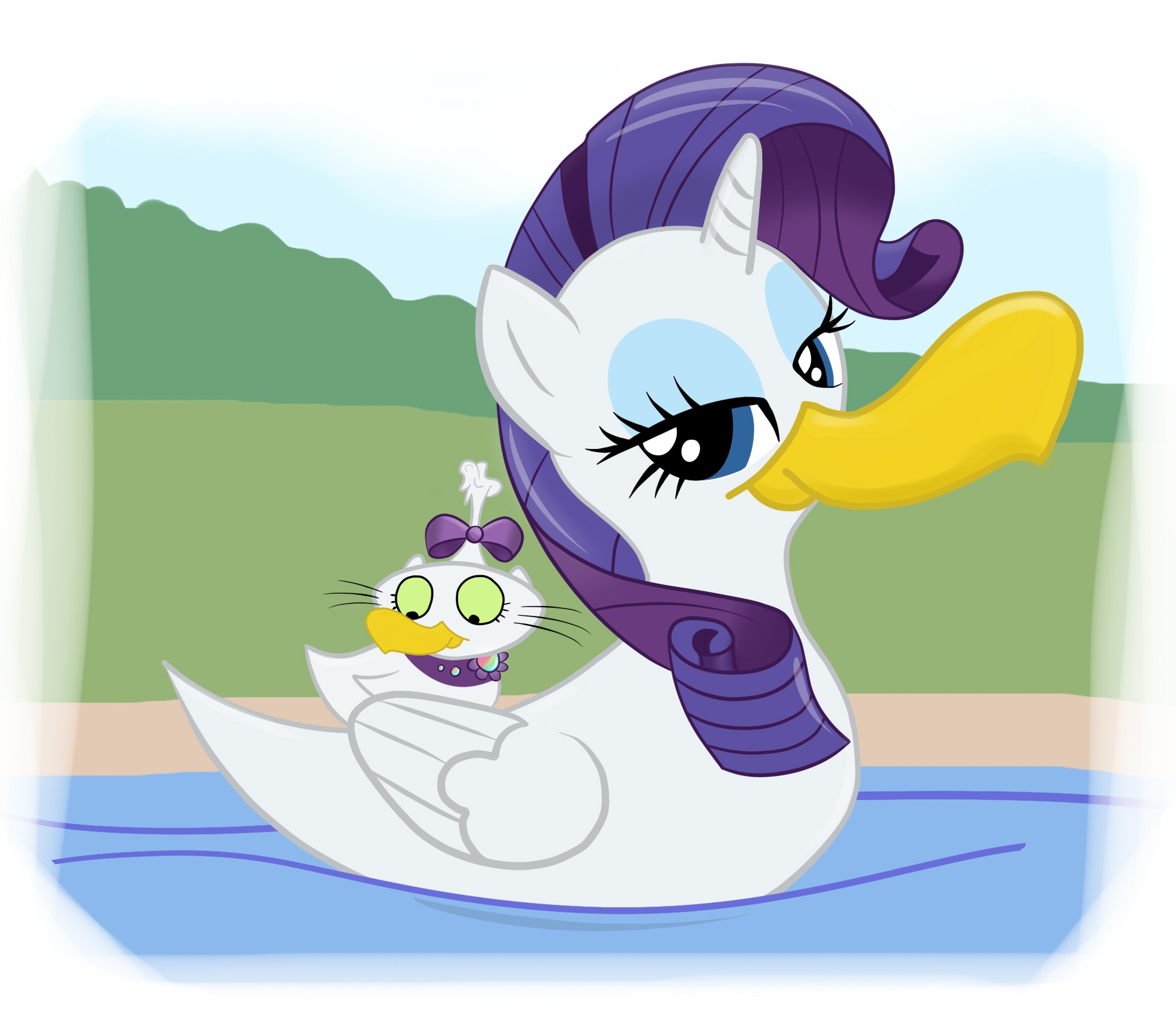 #493040 - safe, artist:mistergi, opalescence, rarity, duck, g4, pond ...