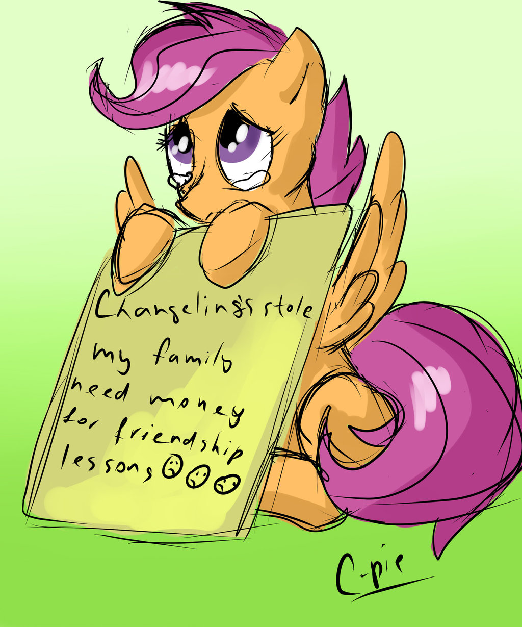 #251102 - safe, artist:cursedpie, scootaloo, crying, homeless, orphan ...
