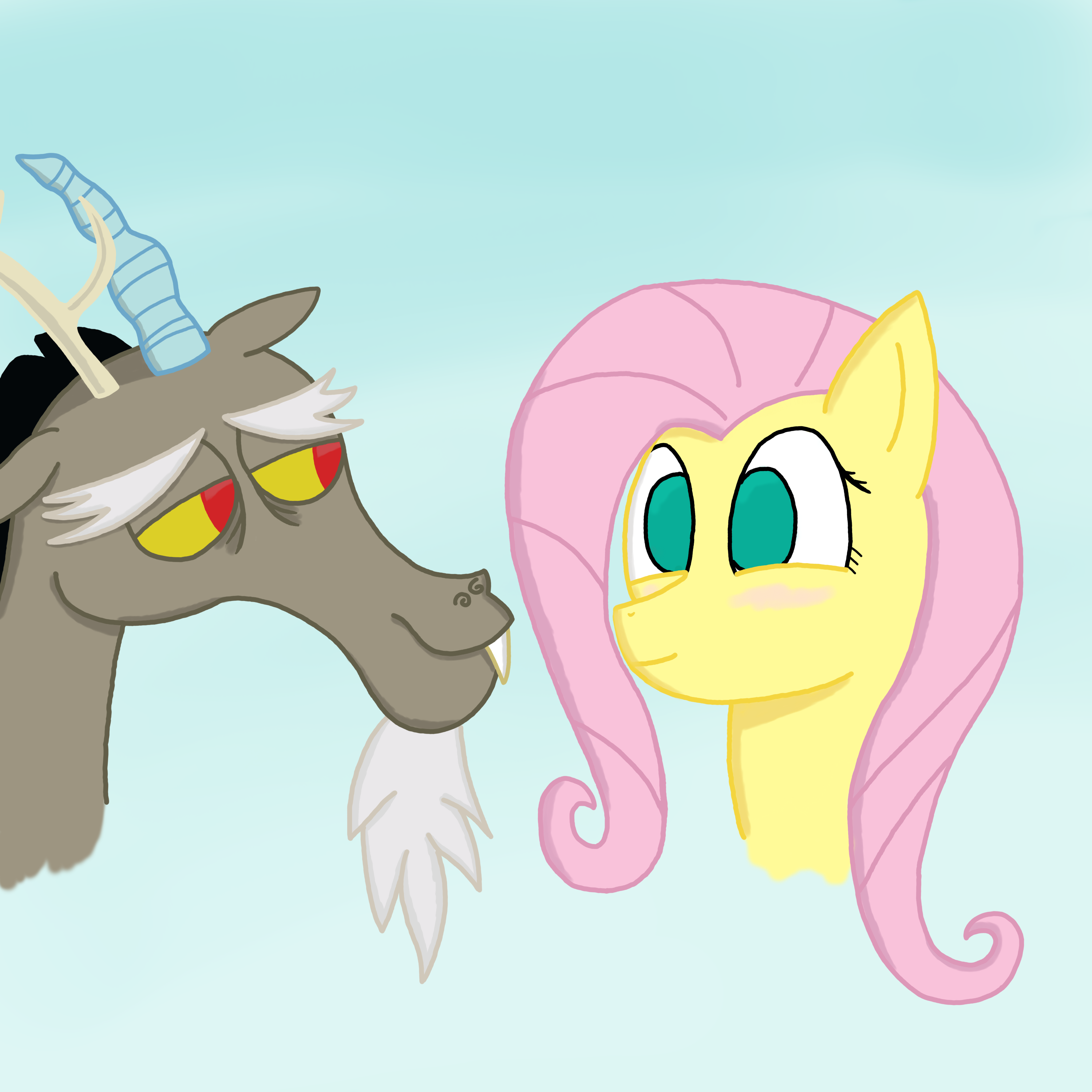 #261455 - safe, artist:evillander, discord, fluttershy, blushing ...