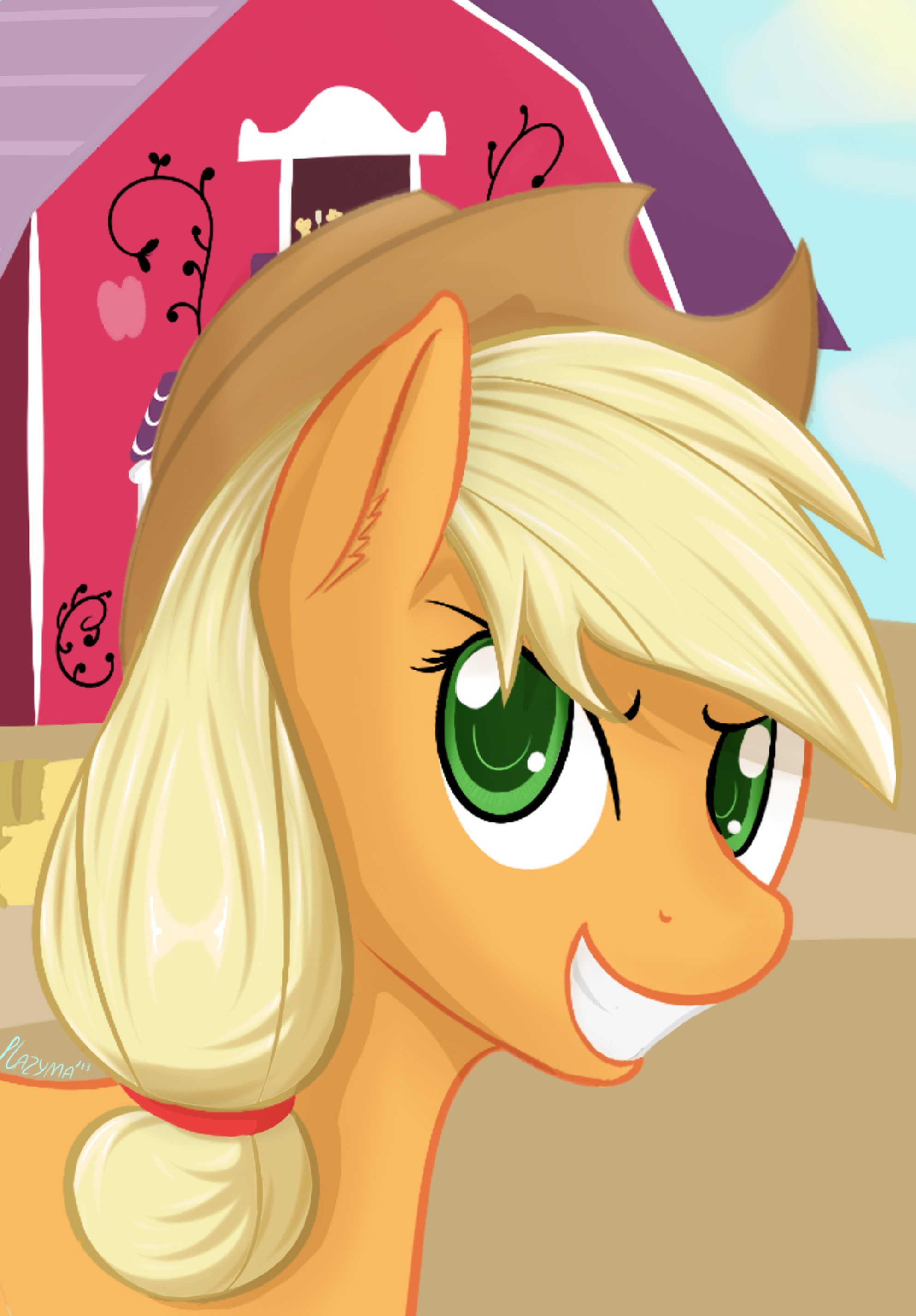 #332917 - safe, artist:plazyma, applejack, g4, barn, female, grin ...