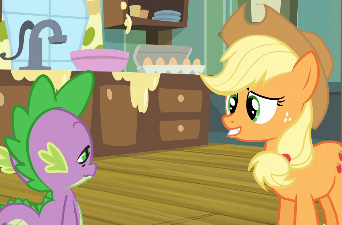 #347183 - safe, applejack, spike, spike at your service, inverted mouth - Derpibooru