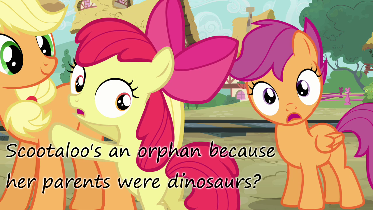 #350261 - safe, apple bloom, applejack, scootaloo, dinosaur, insane ...