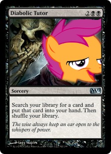 #343408 - safe, edit, scootaloo, g4, card, chickun, diabolic tutor ...