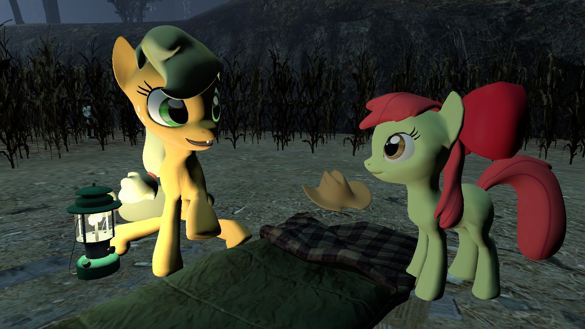 #392590 - safe, apple bloom, applejack, 3d, camping, gmod, lantern ...