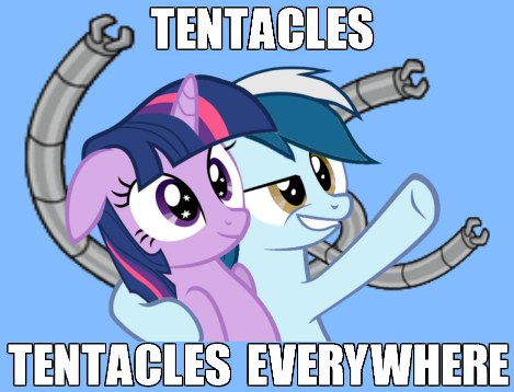 #416531 - safe, twilight sparkle, oc, oc:moon mender, canon x oc, doctor octopus, meme, smiling ...