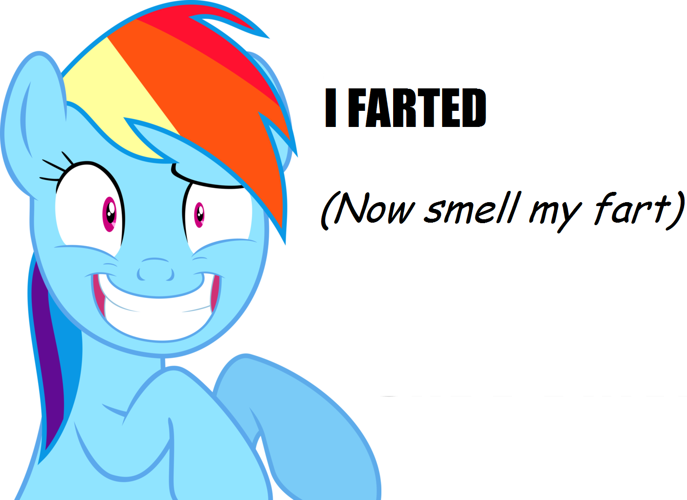#432548 - safe, rainbow dash, pony, fart, female, forced meme, grin ...