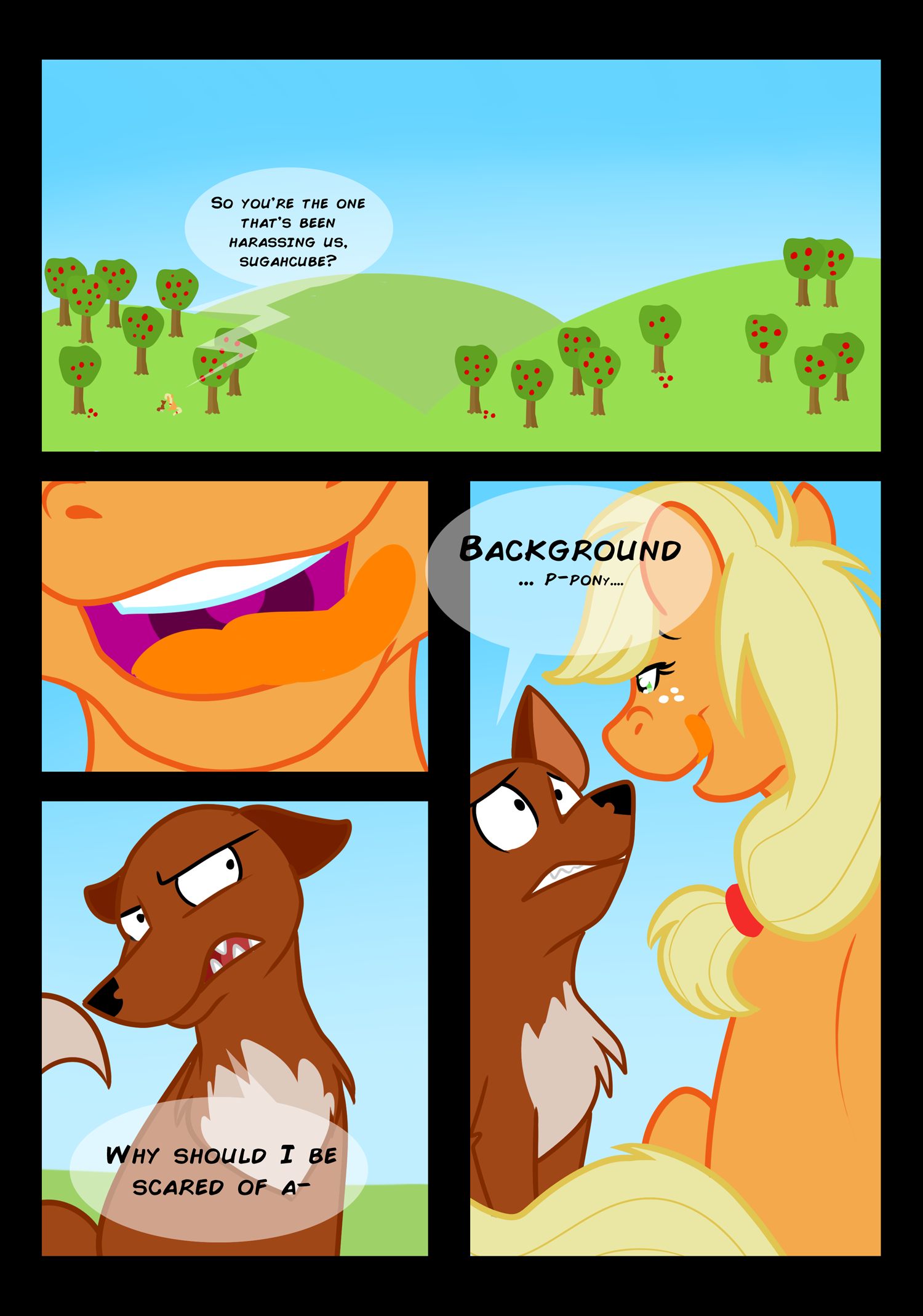 #753454 - safe, artist:chubbyjam, applejack, fox, g4, comic, dialogue, imminent vore, kitchen ...