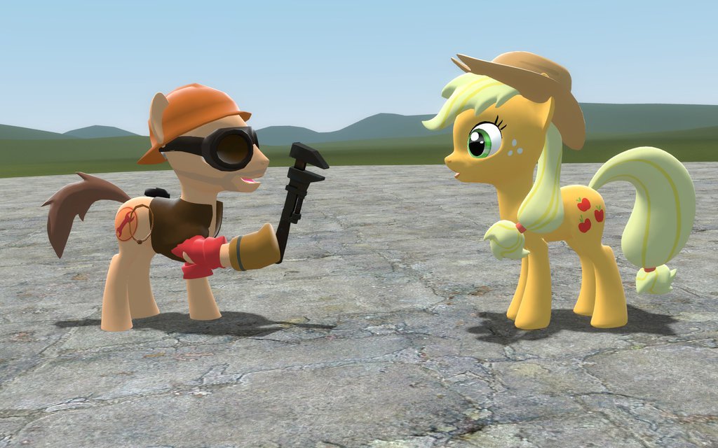 #738731 - safe, applejack, 3d, engineer, gmod, ponified, team fortress ...