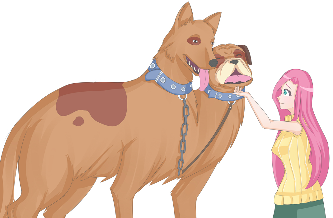 #608475 - safe, artist:jonfawkes, fluttershy, orthros, dog, human ...