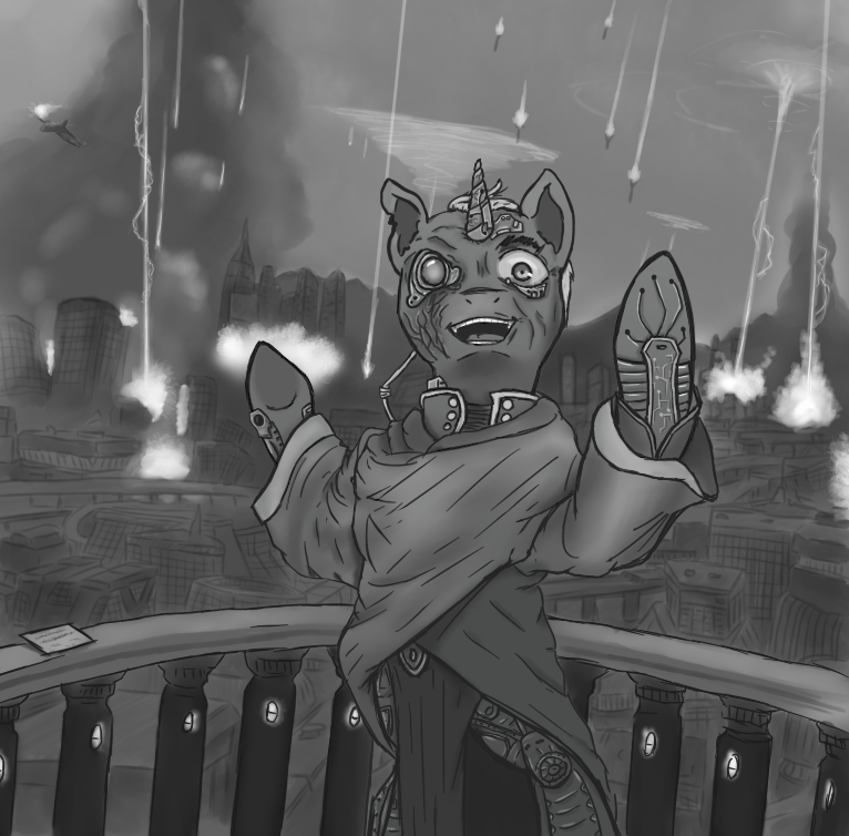 #595258 - semi-grimdark, artist:whatthescoots, cyborg, pony, unicorn ...