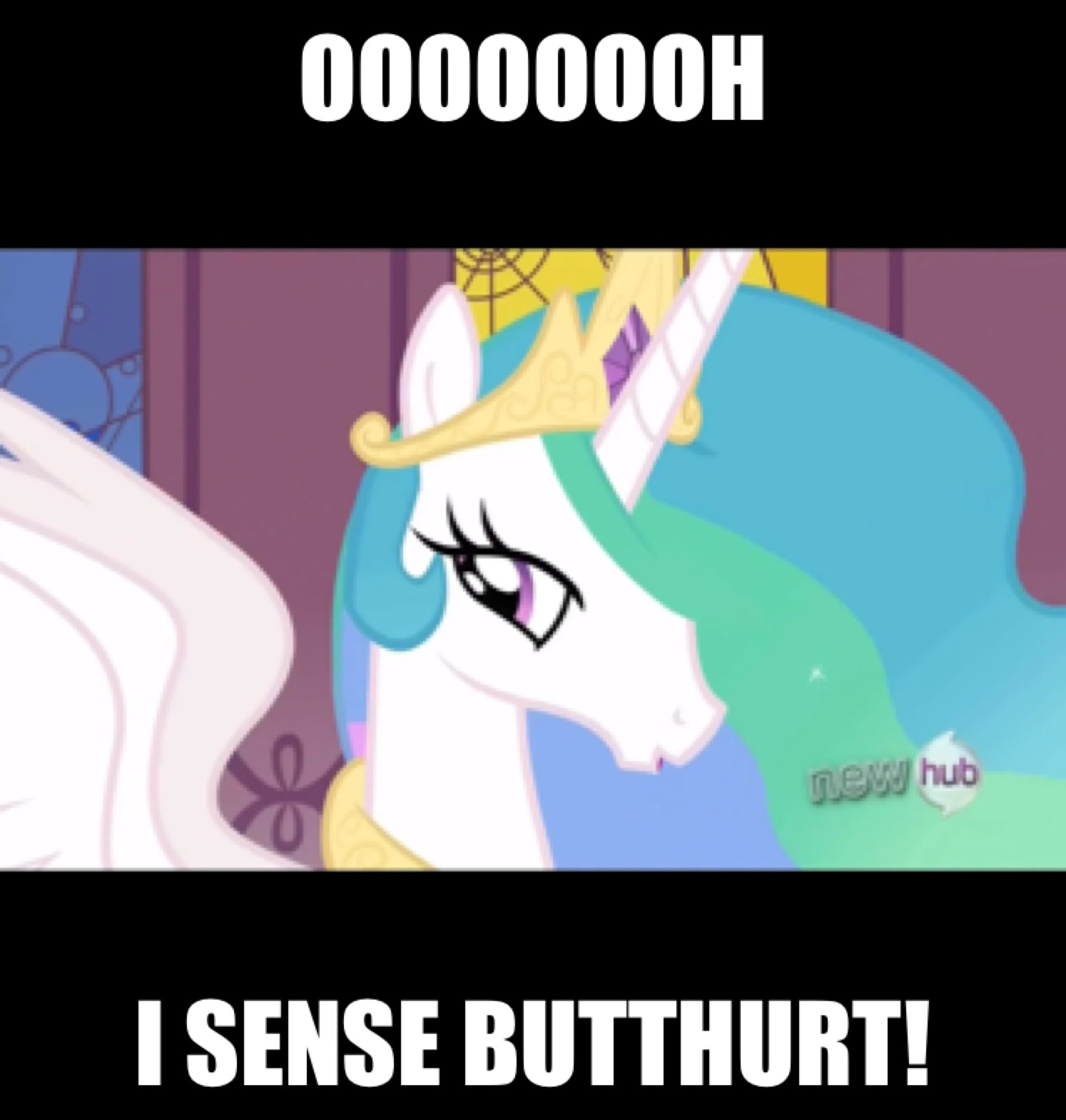 #596848 - safe, princess celestia, butthurt, caption, female, hub logo ...
