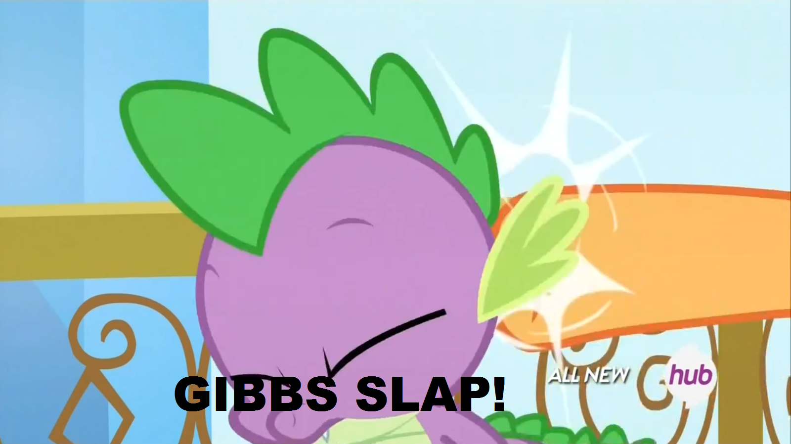 #623447 - safe, screencap, applejack, spike, gibbs slap!, hub logo ...