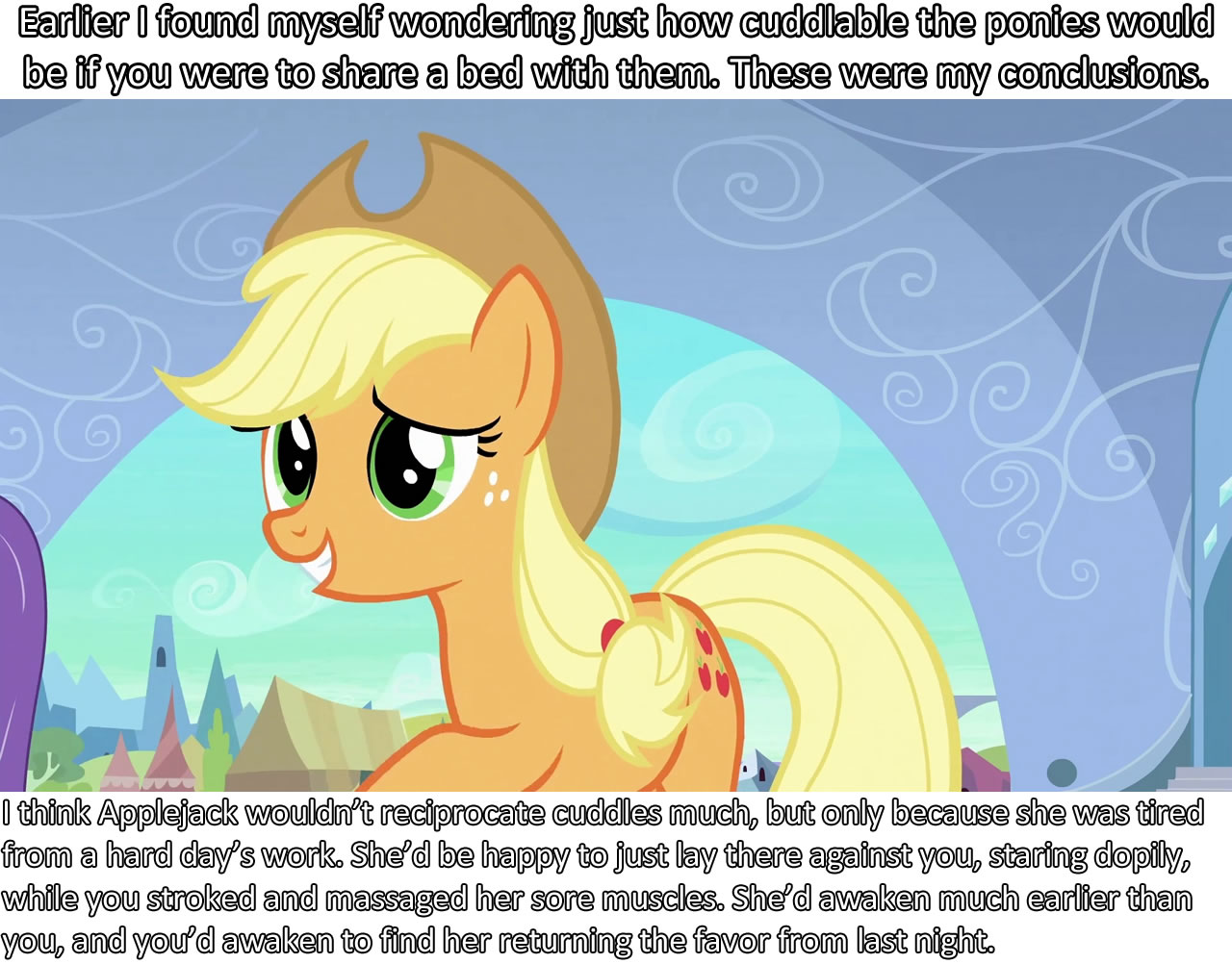 #641713 - safe, screencap, applejack, analysis, bronybait, cuddle ...