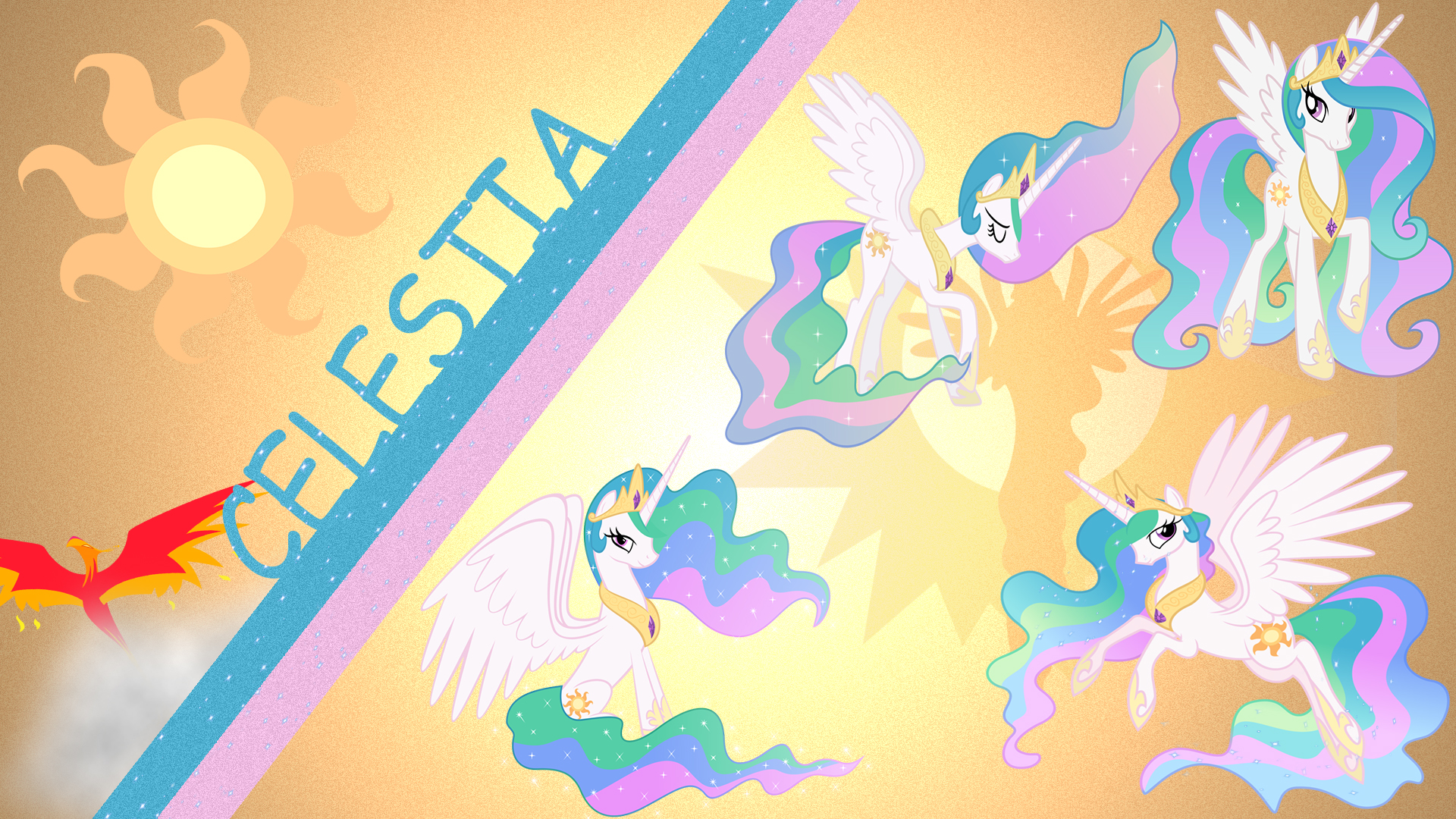 #688141 - safe, philomena, princess celestia, phoenix, wallpaper ...